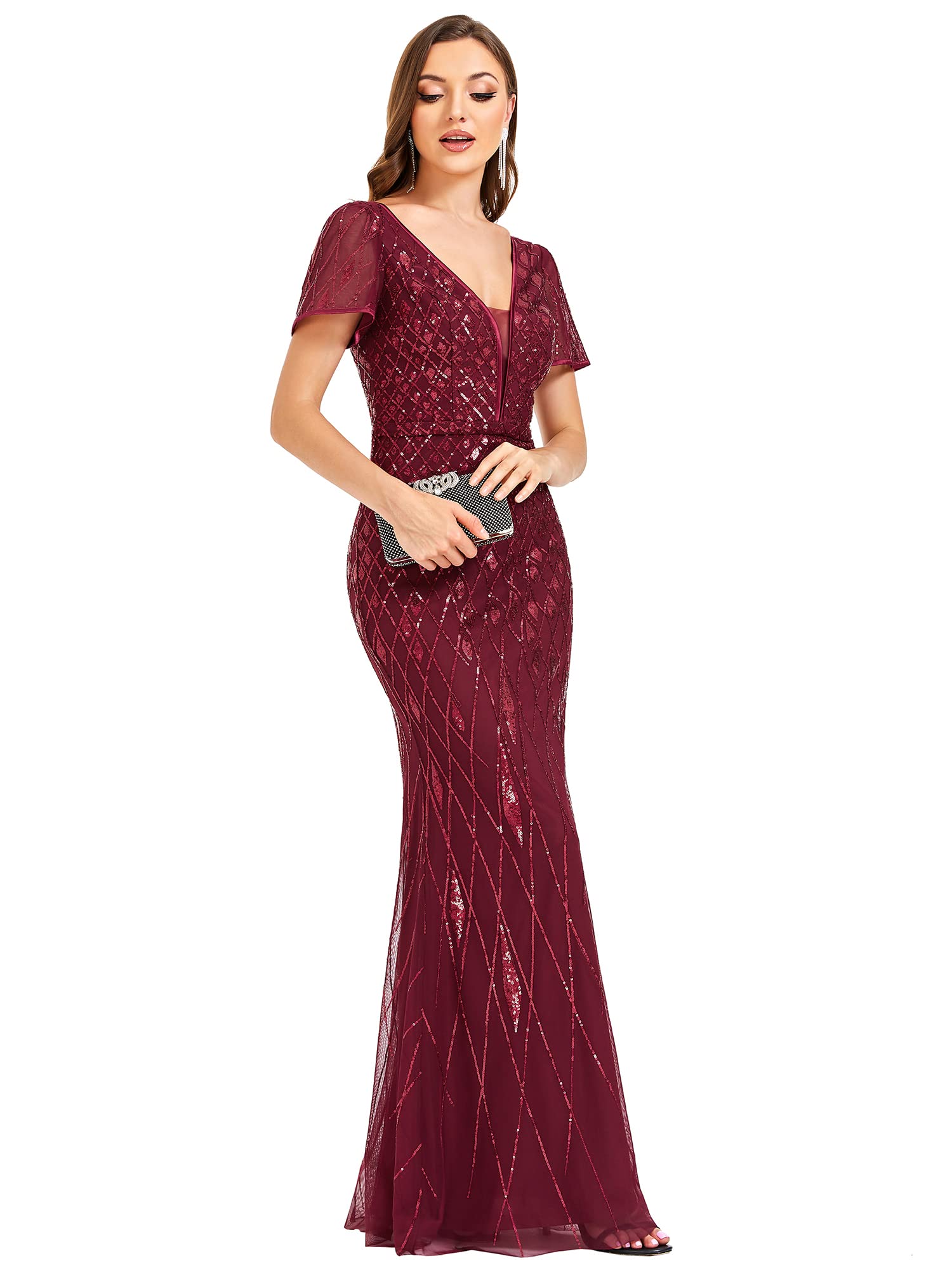 Ever-Pretty Women's Deep V-Neck Short Sleeves Open Back Fishtail Sparkle Formal Dresses Burgundy US6