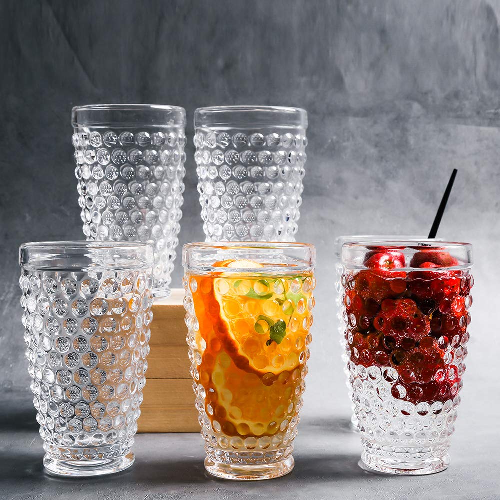 G Hobnail Glassware Old Fashioned Iced Beverage Drinking Glasses Set Of 6, 13 oz Premium Tall Highball Water Glasses Cups For Juice Cocktail Mojito Wine,Beer,Tea, Mixed Drinkware,Parties Restaurants