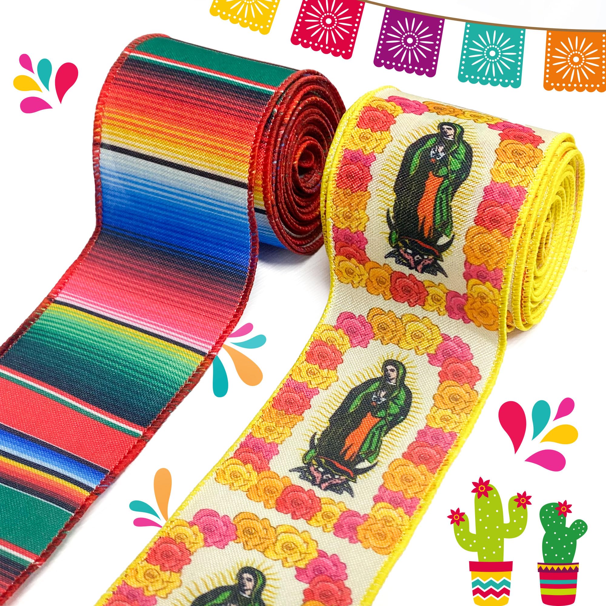HIENAJ 2 Rolls 2.5 Inches 10Yards Mexican Cinco de Mayo Fiesta Ribbons Mexican Fabric Ribbons Serape Virgin Mary Ribbon for Mexican Fiesta Gift Wrapping Outdoor Hanging Party Decoration Supplies