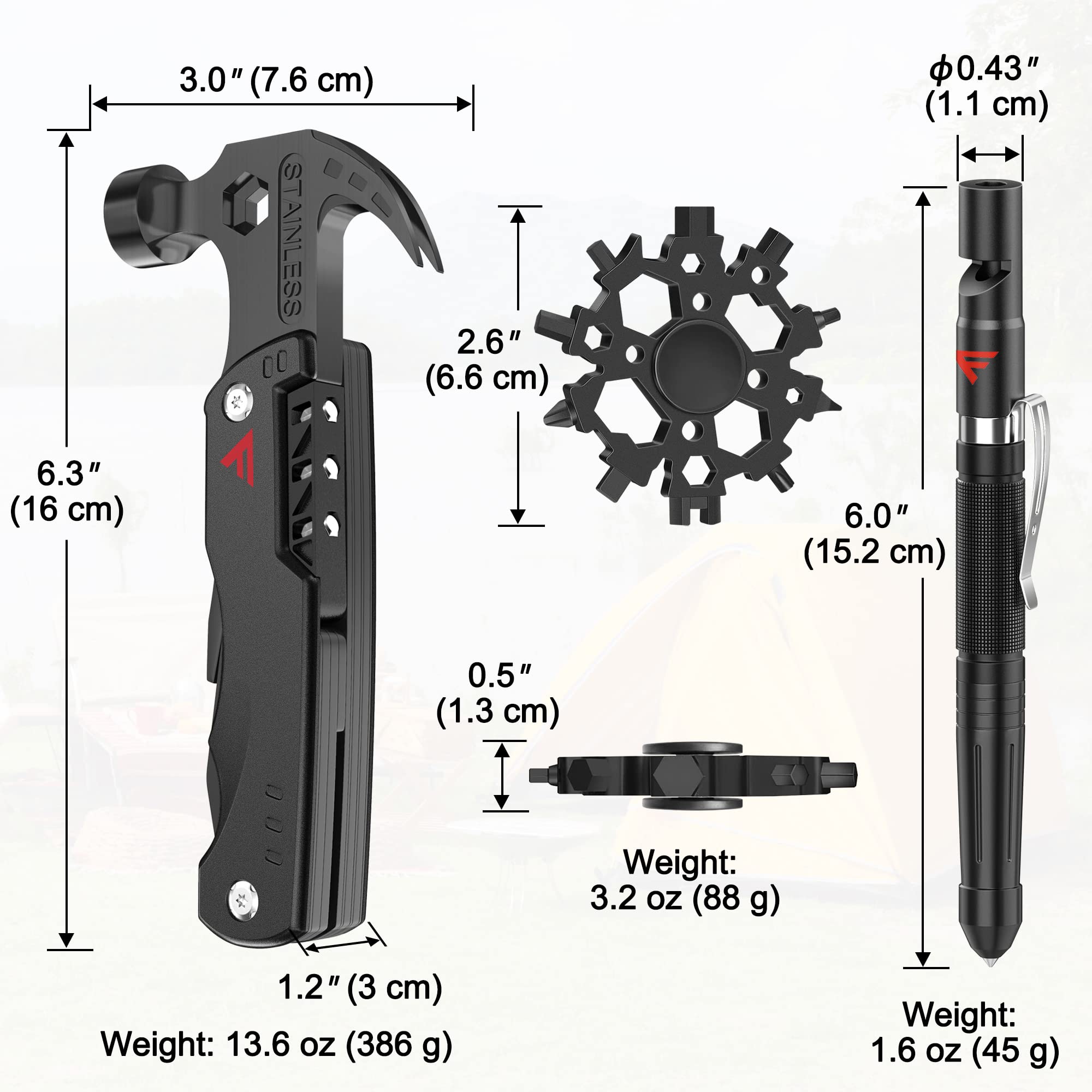 Gifts for Men Dad Husband Boyfriend, FiveJoy Camping Multitool Including Hammer Multitool, Mini Survival Pen, Snowflake Multitool, Outdoor Survival Hiking Gear for Valentine's Day Gift Ideas
