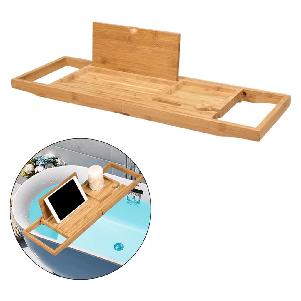 IRDFWH Wooden Bath Caddy Tray Extendable Bathtub Bridge Board Shelf Wint Book/Tablet Stand Wine Candle Holder