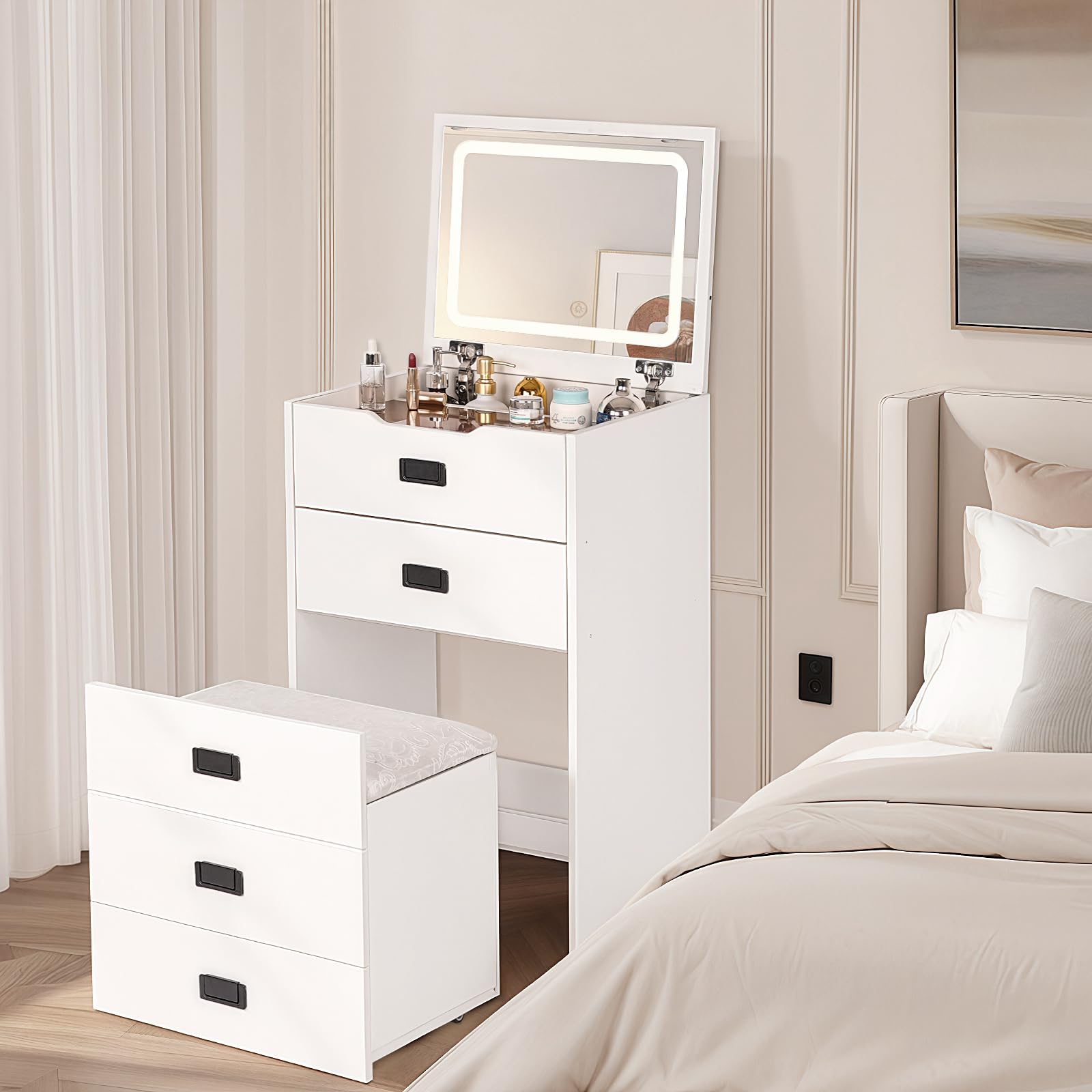 HVCBOSS 3 in 1 Vanity Desk with Plip Top Mirror, LED Light Small Make Up Vanity Set with Visible Glass Desktop, Compact Makeup Vanity with 4 Drawers, Dressing Table for Bedroom, White
