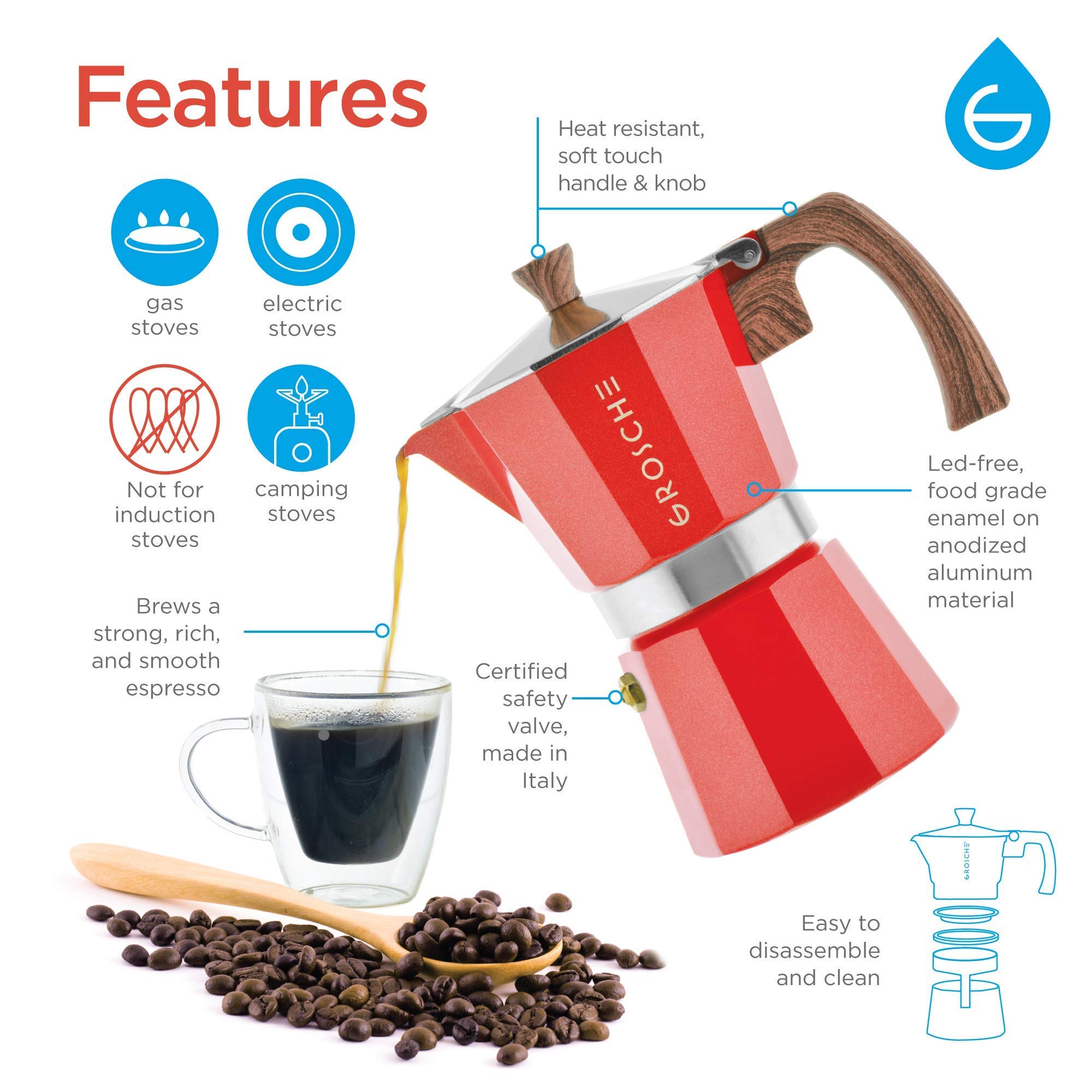 GROSCHE Milano Stove top espresso maker (3 espresso cup size 5 oz) Red, and battery operated milk frother bundle for lattes