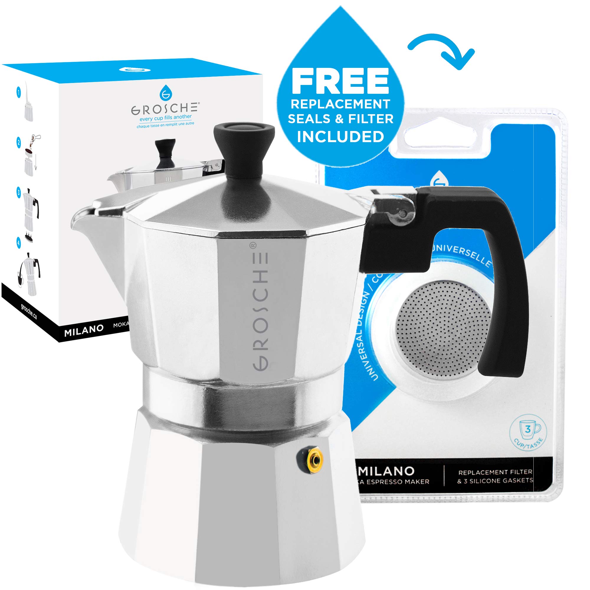 GROSCHE Milano Stovetop Espresso Maker Moka pot 3 espresso Cup - 5 oz, Silver and 3 Replacement Seals Gaskets Bundle Stove top coffee maker Moka Italian espresso coffee maker and replacement gaskets