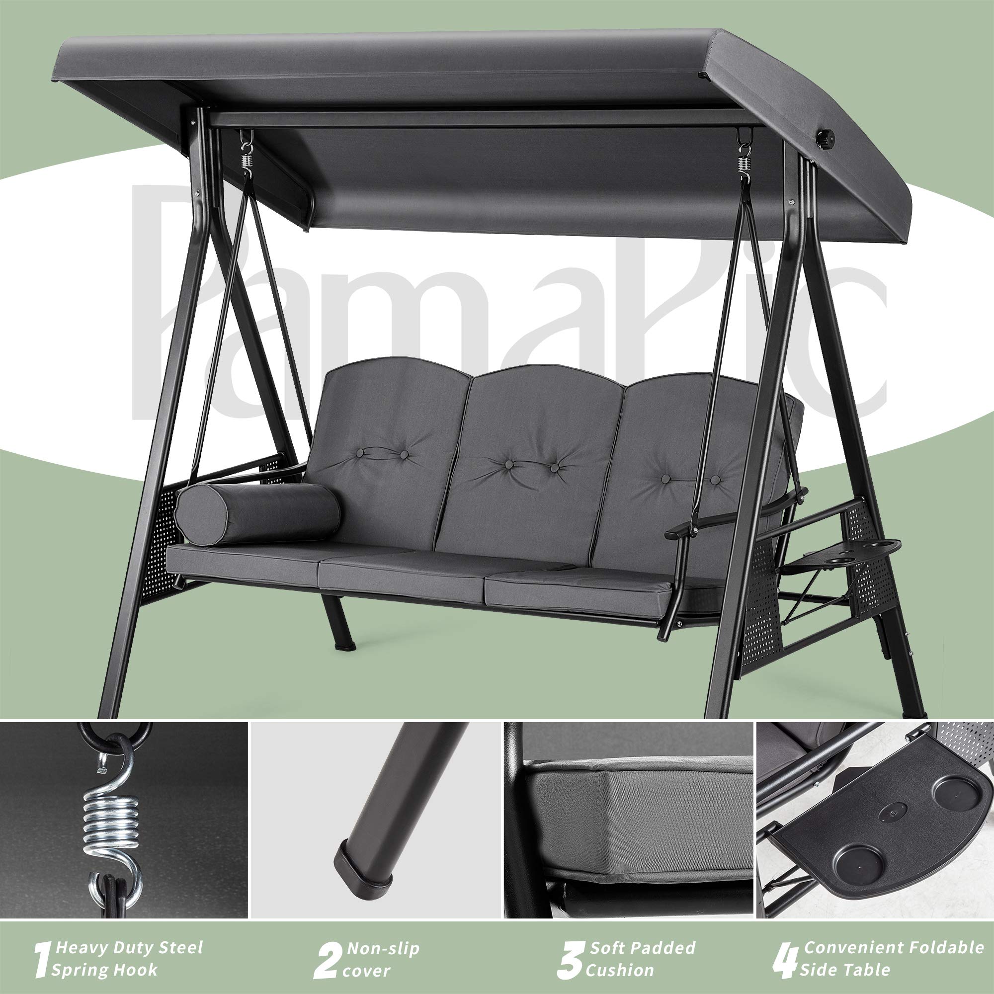 Pamapic 3-Seat Outdoor Patio Swing Chair with Weather Resistant Steel Frame, Adjustable Canopy Removable Cushion and Pillow for Backyard, Garden, Porch, Poolside, Balcony(Gray)