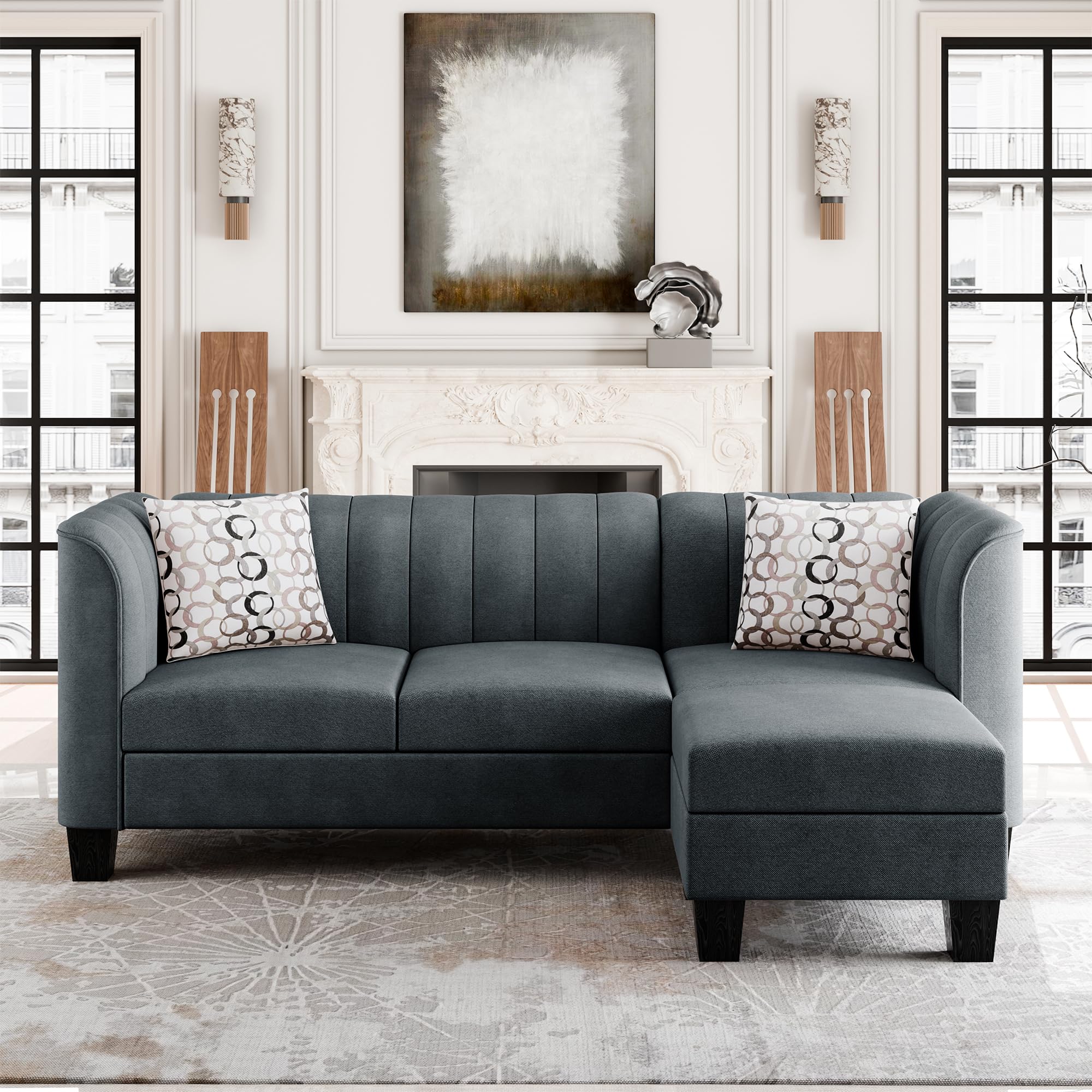 Meilocar 79” Sectional Sofa Couch, Convertible L Shaped Couch with Reversible Ottoman, Modern 3-Seat Sofa Sectional with High Armrest for Living Room, Office, Dark Grey