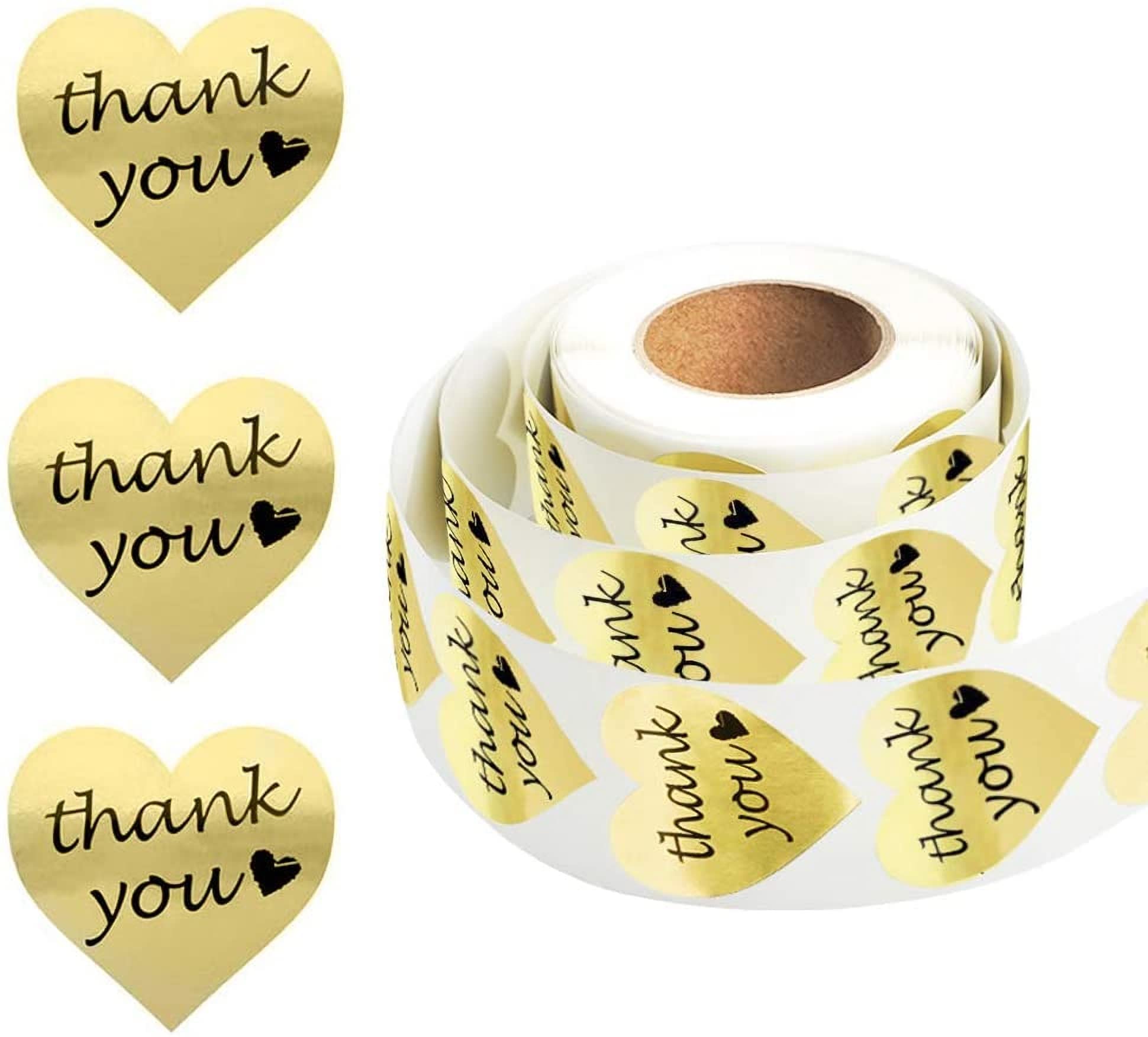 Gold Heart Shape Thank You Stickers, Foil Decorative Sealing Labels, 500 Stickers/Roll, 1.5" Diameter (2 Rolls)