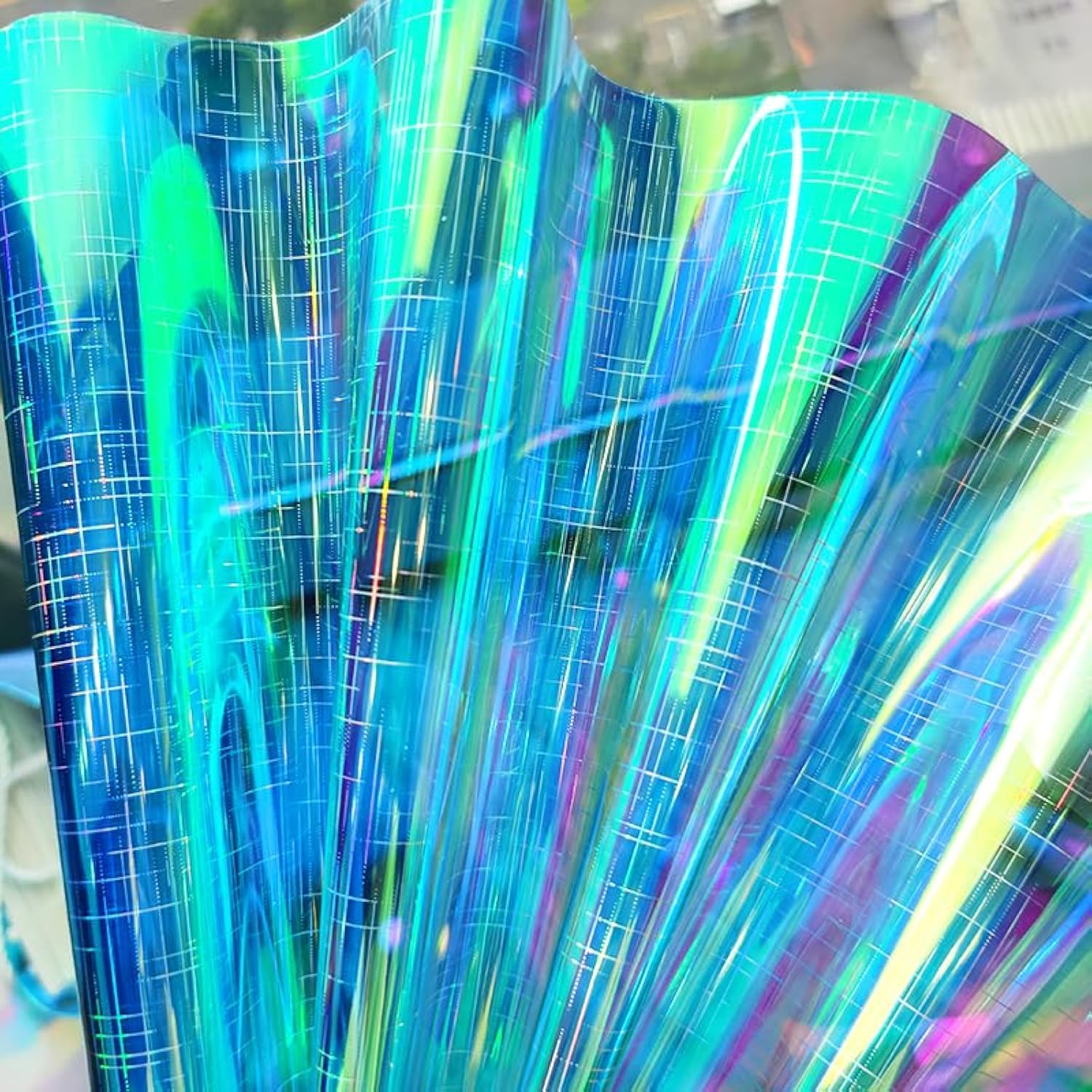 HYANG Holographic Iridescence Blue Stripe PVC Leather Vinyl Sheets, PVC Leather Fabric Sheets 1 Roll 12" x 53" (30cm x 135cm) Perfect for Handmade, Bows, Earrings,Handbag,Sewing,Crafts