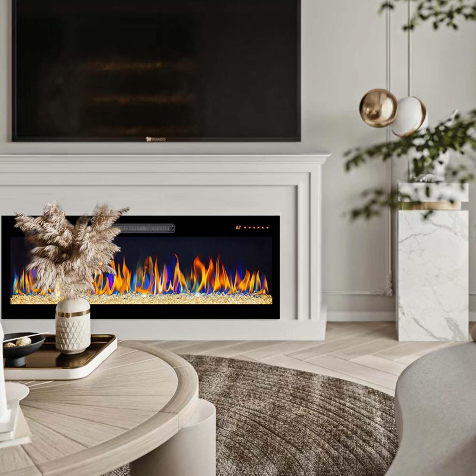 Electric Fireplace 36 inch Recessed and Wall Mounted,Tempered Glass Front Wall Mounted Electric Fireplace with Remote and Multi Color Flame & Emberbed, LED Light Heater (36 inch)