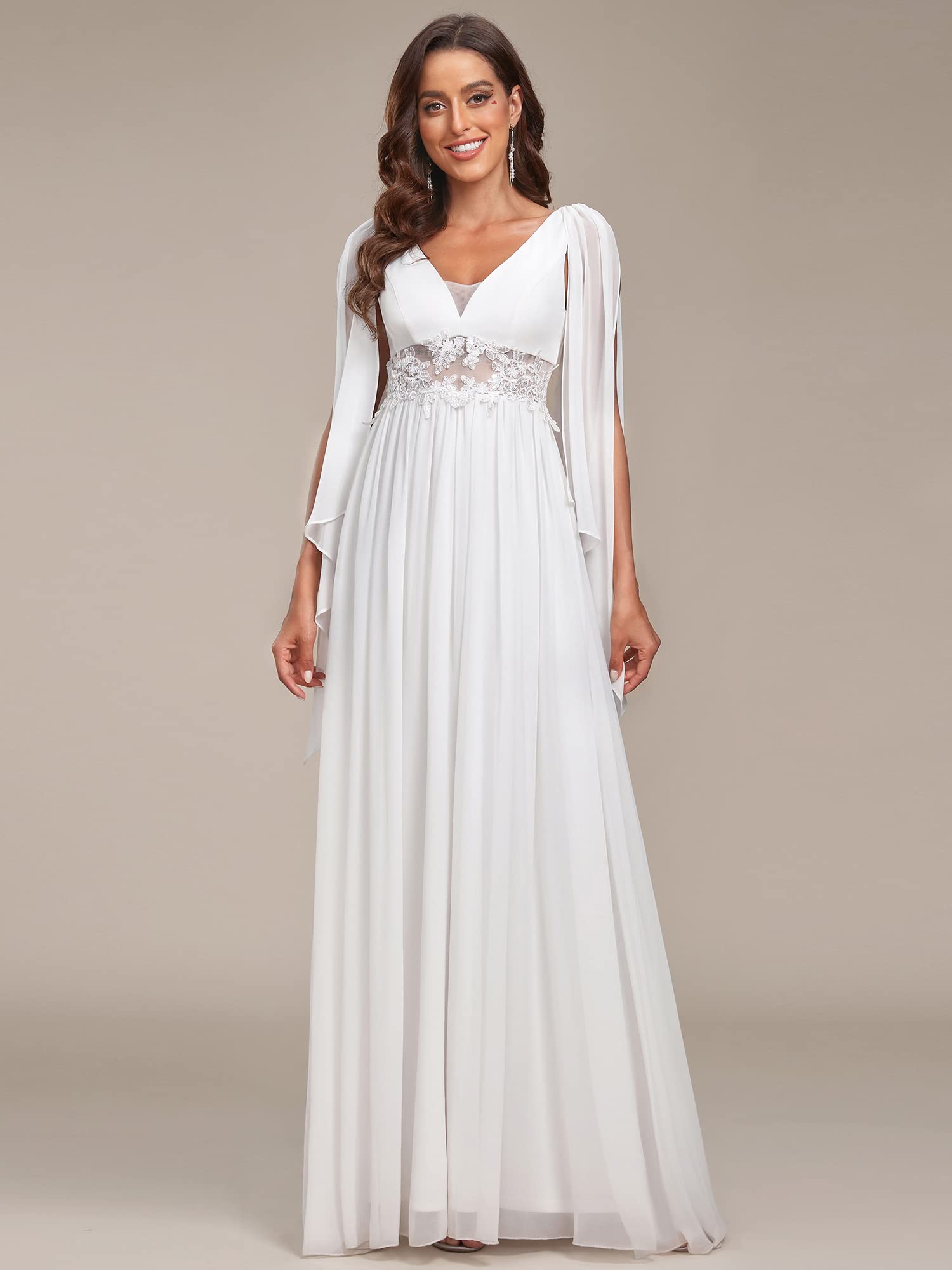 Ever-Pretty Women's Illusion Long Appliques A-line Chiffon Summer Wedding Dresses White US4