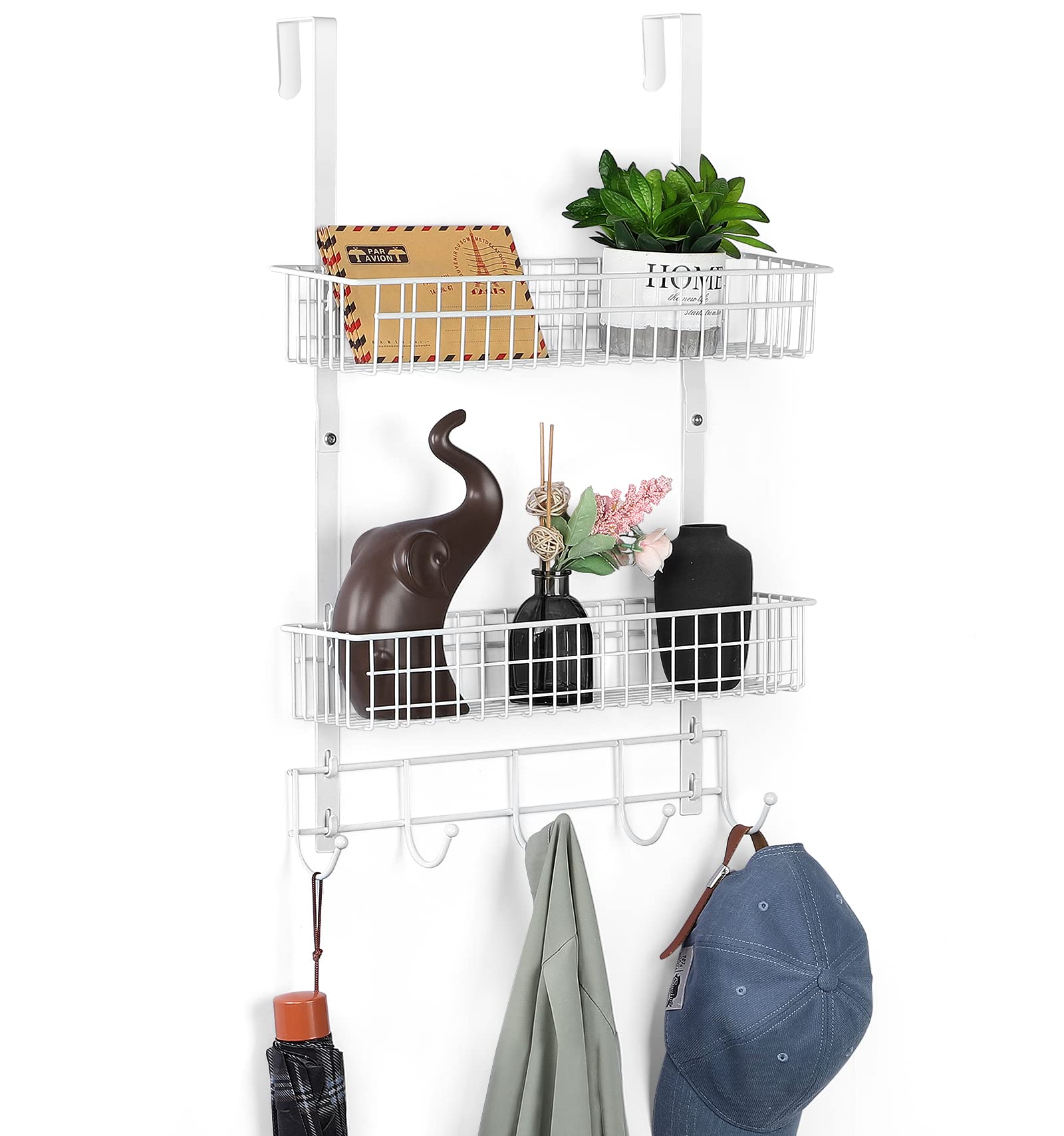NEX The Door Hooks Shelf Organizer Hanger Towel Rack with 2 Mesh Basket 5 Hooks Storage Rack Spice Rack for Bathroom Kitchen Storage Shelves Toiletries, White