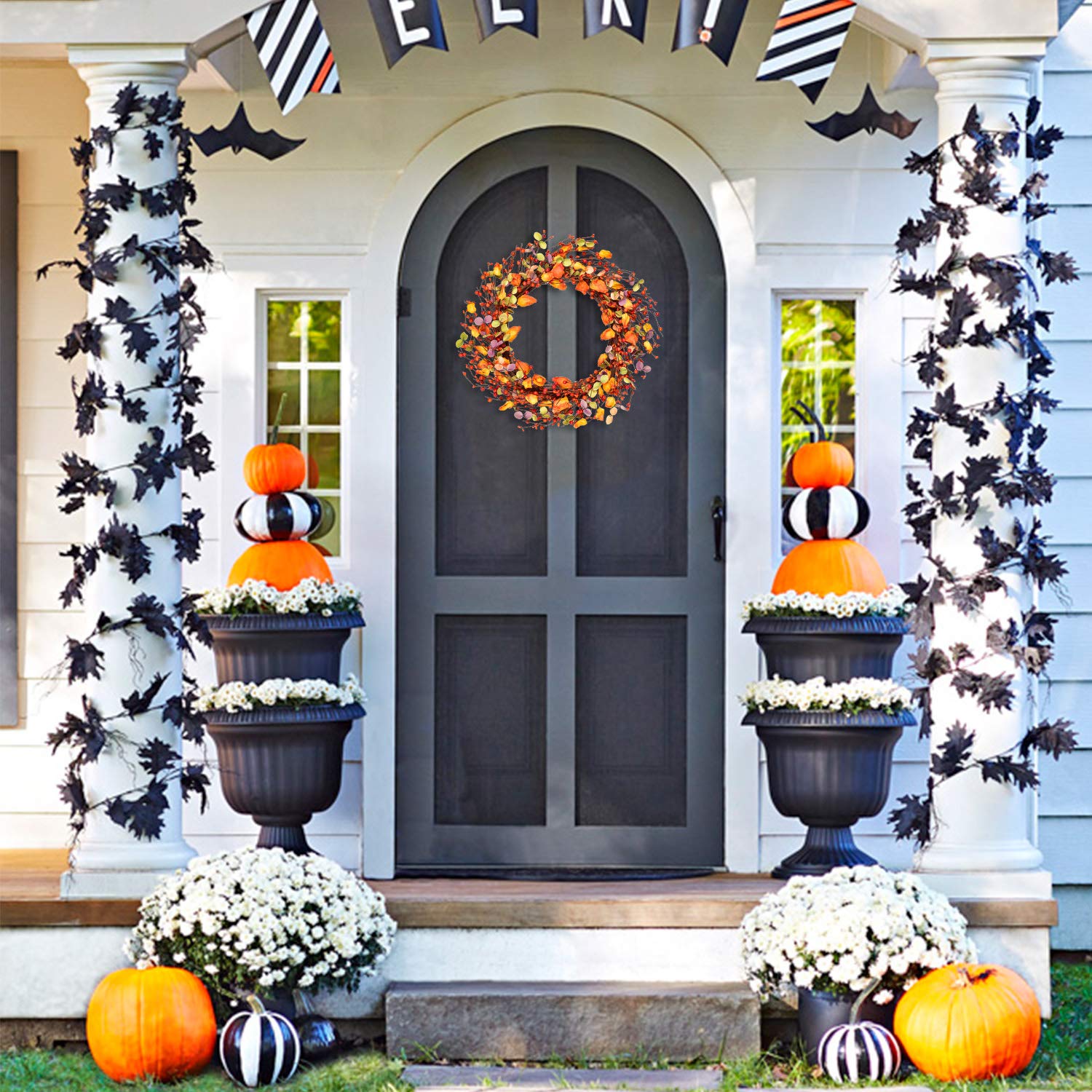 DearHouse Artificial Fall Wreath Red Berry Wreath,Clearance 18 inch Fall Maple Leaf Wreath for Front Door Fall Decorations