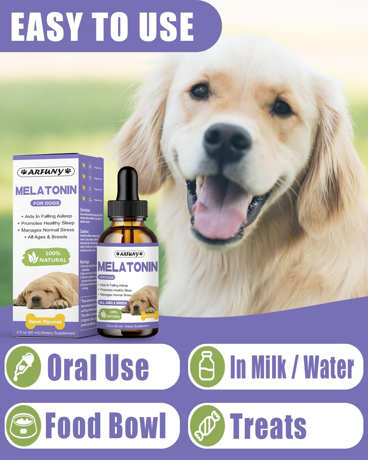 Melatonin for Dogs | 60ML Natural Calming for Dogs Anxiety & Stress with Melatonin, Valerian, Ashwagandha & L-Theanine | Liquid Melatonin for Dogs Helps with Sleep, Thunder, Fireworks | 2 oz, Bacon