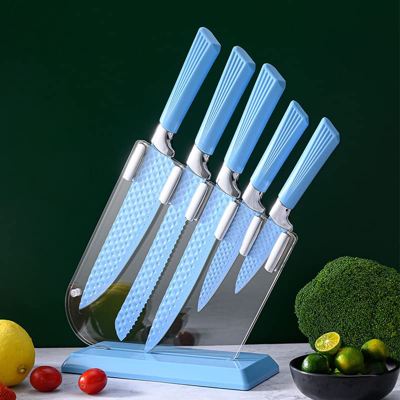 GRUB'S UP 6 Pieces Stainless Steel Blue Kitchen Knife Set, with PP Handle and ABS Knife Holder, Chef Knife/Bread Knife/Cleaver/Fruit Knife/Multi-Purpose Knife Set