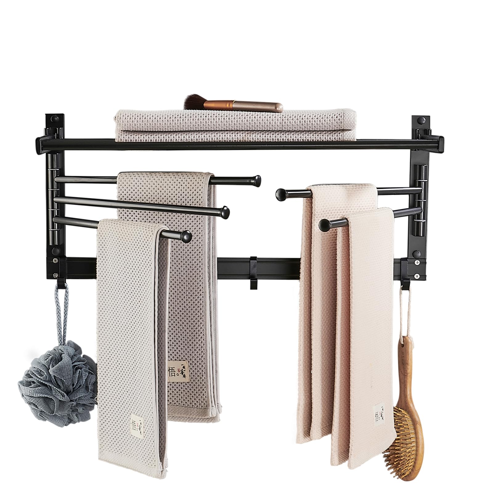 KIJINOGF Clothes Drying Rack Wall Mounted with 5 Towel Arms and Hanging Hooks Laundry Drying Rack, Space Organization for Laundry Room Bathroom 1 Pack, 15.8ββ Black
