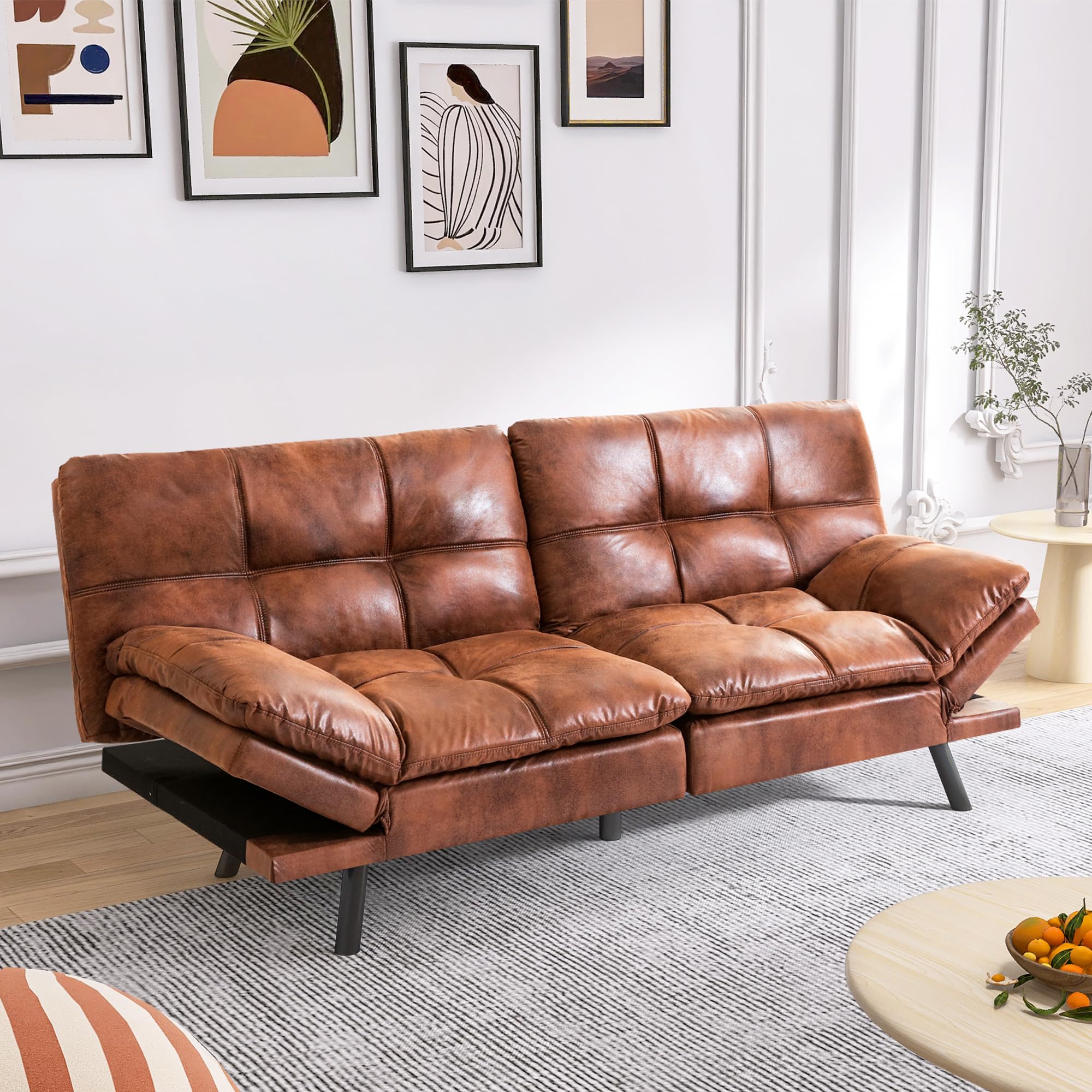 Hcore Futon Sofa Bed, Convertible Futon Couch with Memory Foam, Fuax Leather Sleeper Sofa Couches for Living Room, Apartment,Bedroom, Brown
