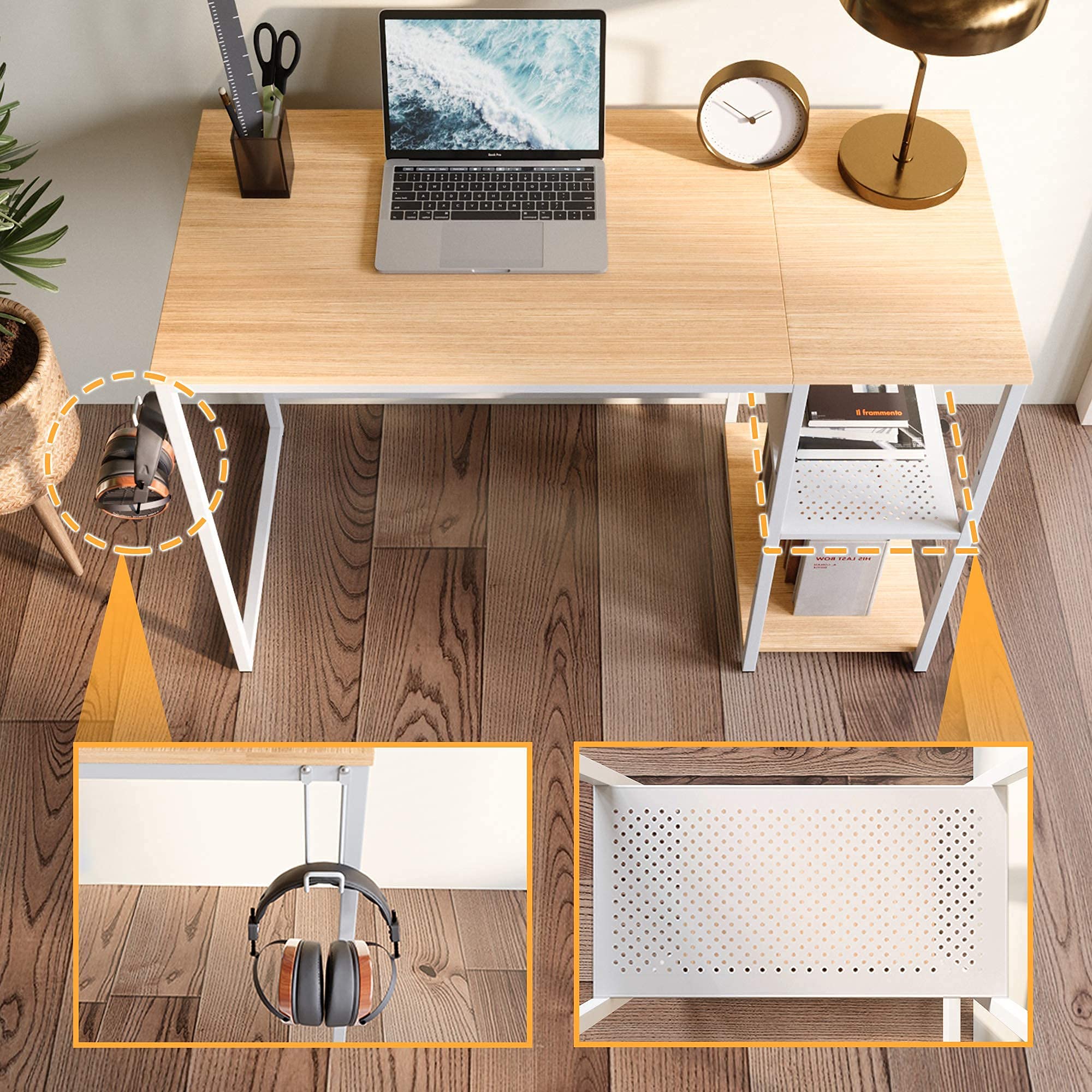 DOMY HOME Office Desk w/Storage Shelves, 43" Small Student Kids Writing Desk Headphone Hook Bedroom Dormitory PC Laptop Home Office Table Sturdy Metal Frame, Easy Assembly Oak