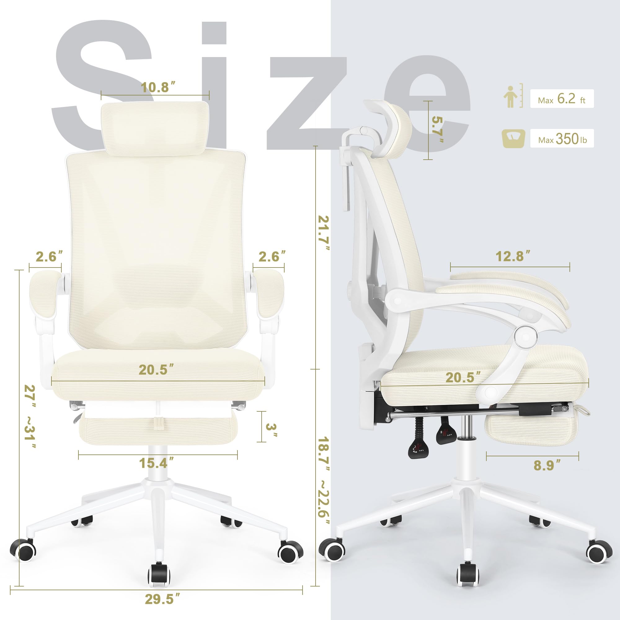 Misolant Ergonomic Office Chair with Footrest, Ergonomic Desk Chair with Adjustable 2D Lumbar Support, High Back Office Chair with Adjustable Headrest, Comfortable Executive Office Chair