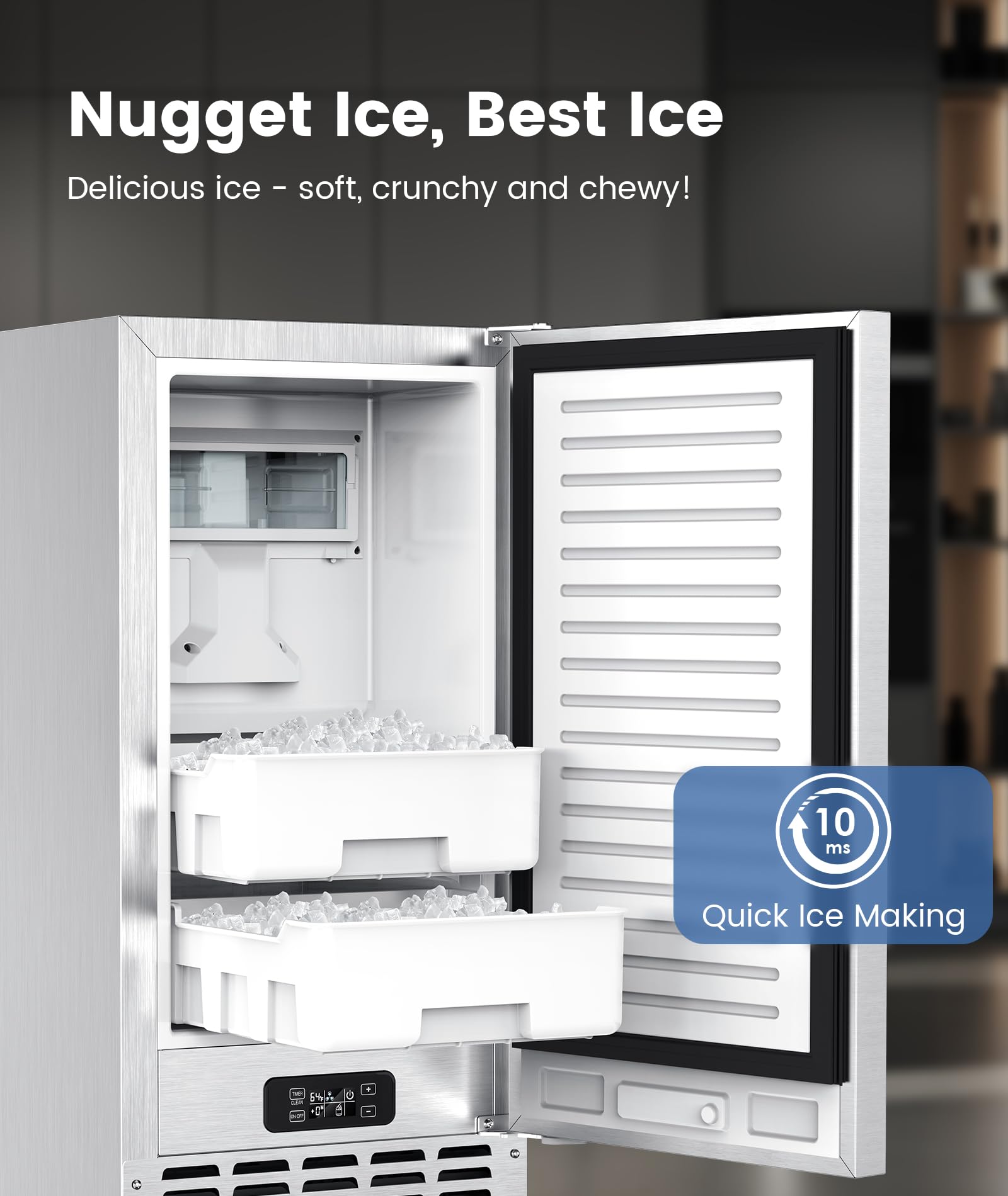 Joy Pebble Commercial Nugget Ice Maker Machine, 66Lbs/Day, Freezer Under Counter Nugget Ice Machine, Self-Clean/24H Timer/LCD Panel/Drain Pump, Stainless Steel Built-in Freestanding Ice Maker