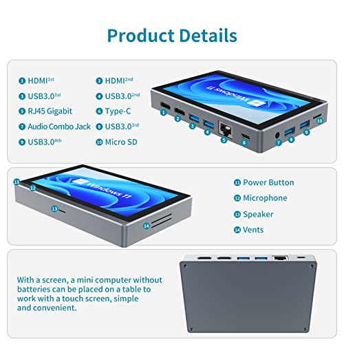 HIGOLEPC Mini PC Windows 11 Pro, 8GB RAM 128GB EMMC Celeron J4125 Processor (up to 2.7GHz) Mini Computer with IPS Screen,Small PC Support 4K HDMI Double Display, WiFi 5.0, BT5.2,Gigabit Ethernet