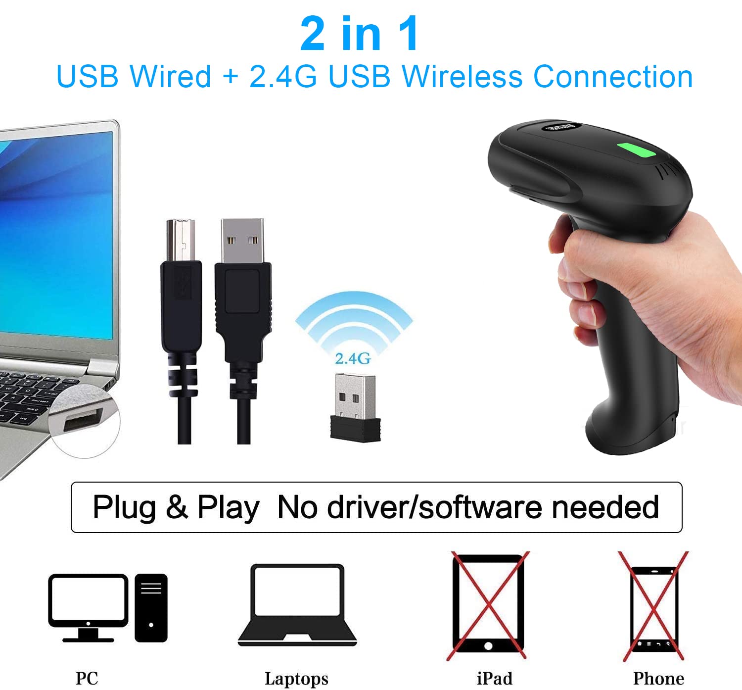 USB Wireless Barcode Scanner with Stand,Symcode Barcode Scanner Wireless Versatile 2-in-1 (2.4Ghz Wireless+USB 2.0 Wired) Rechargeable Cordless 1D Barcode Reader USB Handheld Bar Code Scanner Wireless