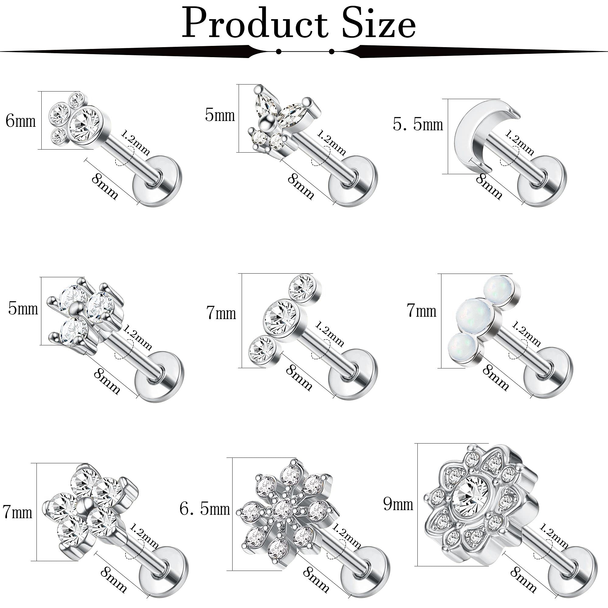 Florideco 9 Pcs 16G Lip Rings Stainless Steel Labret Studs Monroe Lip Ring CZ Opal Nose Studs Internally Threaded Helix Tragus Stud Earring for Women Medusa Piercing Jewelry Rose Gold