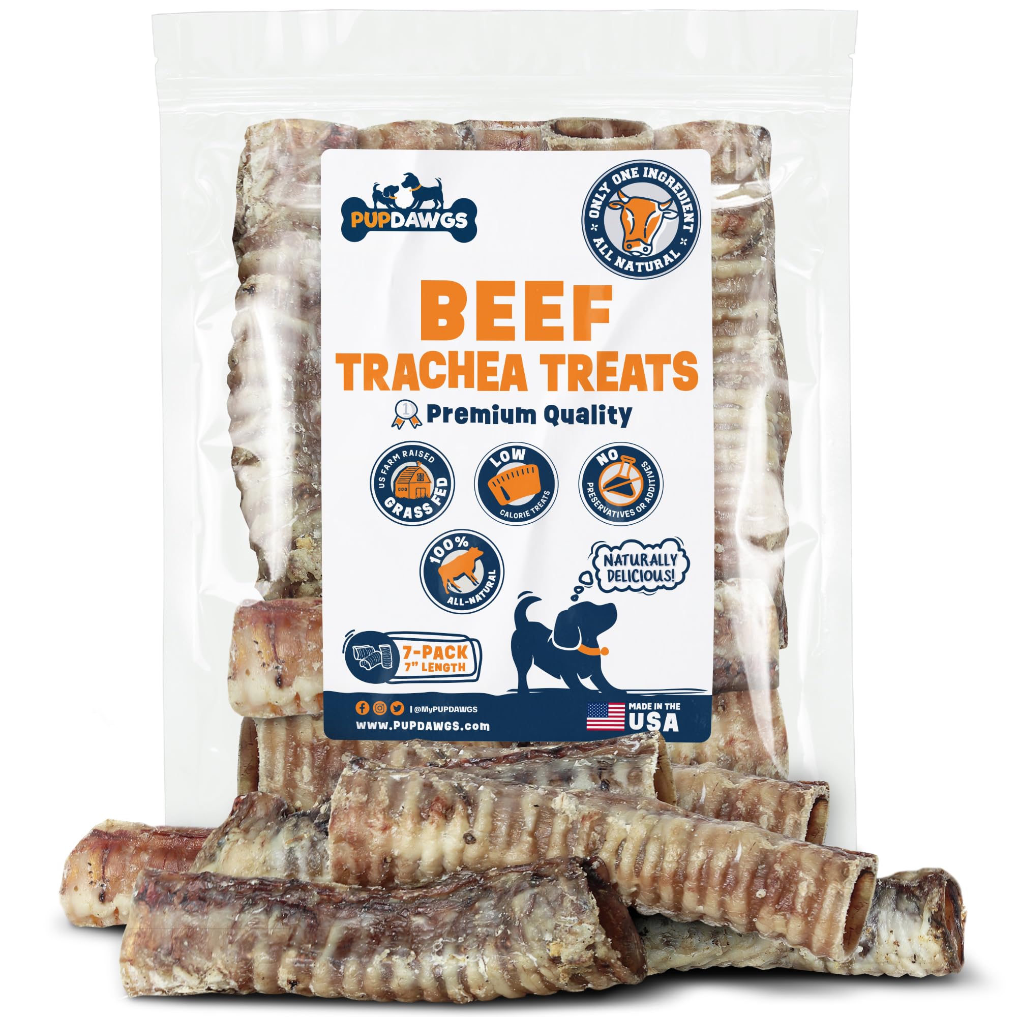 PUPDAWGS 7" Beef Trachea Dog Training Treats | Dental Chews for Dogs | All Natural Dog Treats Made in USA | Beef Esophagus Low Calorie Dog Treats for Joint Health Support (7 Inch Tracheas - 7 Pack)