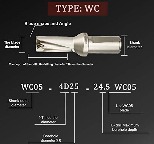 GBJ WC Series Drill Bites Insert Drill Metal Drill Bits Diameter 24.5mm/0.96in Depth 4in 4D Indexable U Drill Machinery Lathes CNC Water Drill with 10pcs WCMT050308FN(Bronze) U Drill Inserts