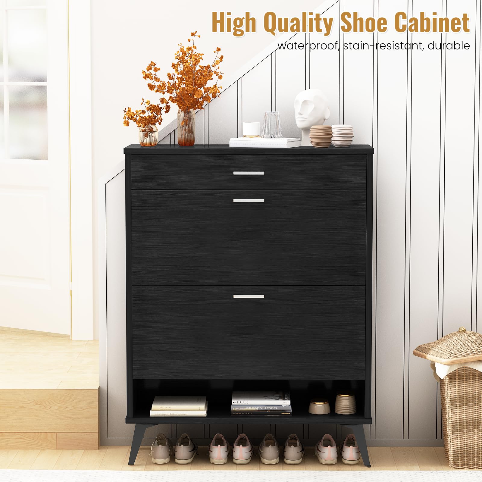 Lamerge Shoe Storage Cabinet for Entryway, Free Standing Shoe Organizer with 2 Flip Drawers,Hidden Shoe Rack Storage Organizer for Doorway Hallway, Black