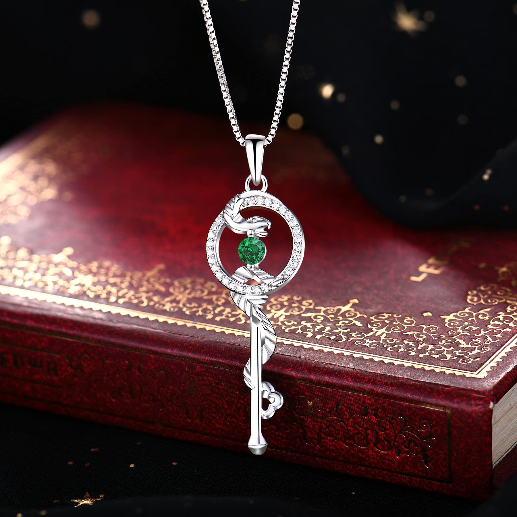 FJ Snake Key Pendant Necklace May Emerald Birthstone Women Wicca Jewelry