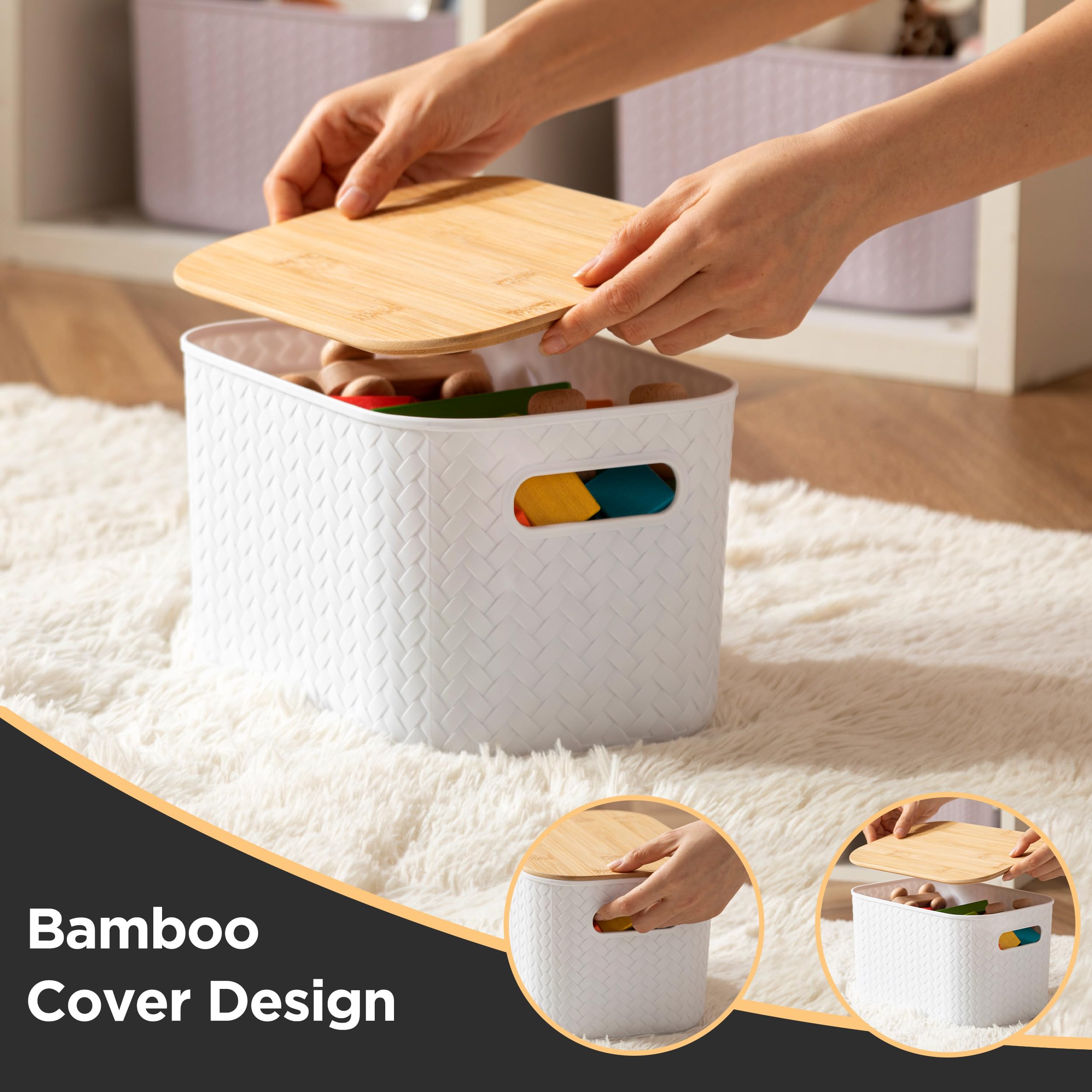 Joypea 4 Packs Stackable Plastic Storage Bins with Bamboo Lids, Clothing Storage Organizers, Storage Boxes and Containers for Pantry, Bashroom, Livingroom and Classroom, White