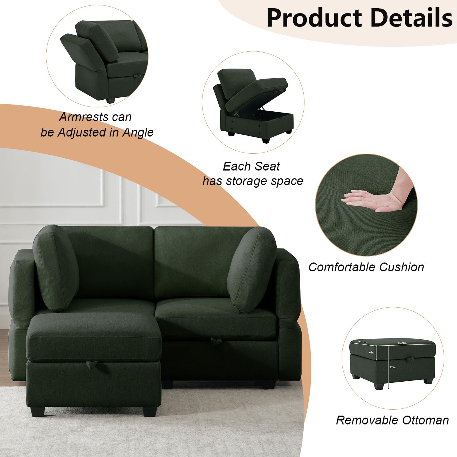 HZANHY Modular Sectional Sofa Couch with Storage Seat,Modern Linen Couch with Adjustable Arms and Backs Large Convertible Sofa with Ottoman for Living Room Apartment Office(Green 2seats+1Ottoman