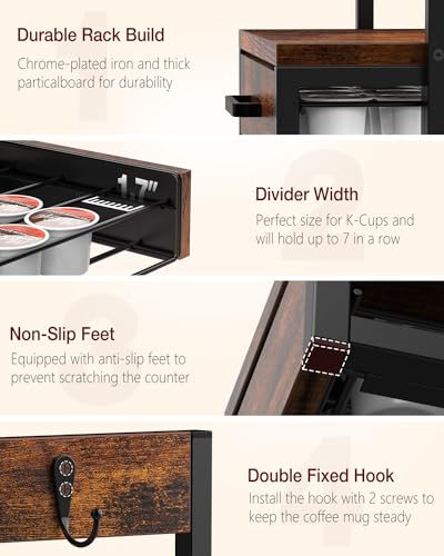 Evermagin K Cup Holder Drawer - Coffee Pod Organizer for Counter, Sturdy K-Cup Storage Drawer with Mug Rack, Coffee Maker Stand, 35 Pods Capacity, Rustic Brown