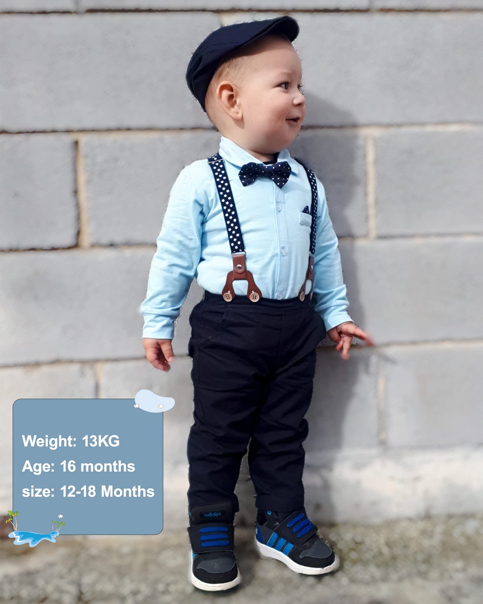 YALLET Baby Boy Clothes Set Infant Tuxedo Long Sleeve Gentleman Suit Outfits + Beret Hat + Suspender Pants + Bowtie 0-18M