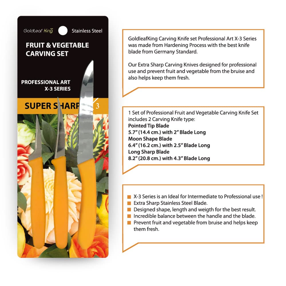 GoldleafKing Super Sharp X-3 Series Bundle Pack | Fruit & Vegetable Carving Set of 3 | 2, 2.5, 4.5 Inch Orange Handle | Fruit Carving Tools Carving Knives