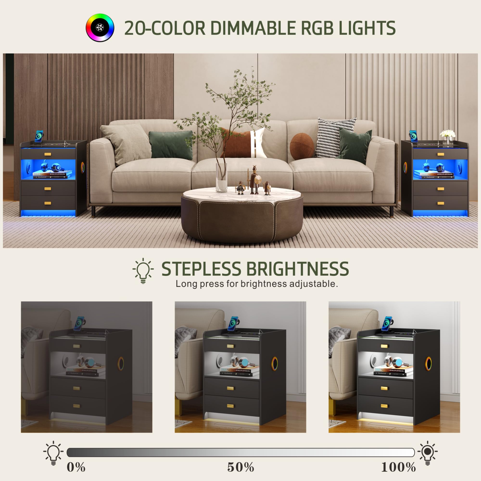 Nightstands with LED Lights, Smart Night Stand with Bluetooth Speakers & Body sensors, Modern Side Tables with Wireless Charging Stations,Black Bedside Table with Drawers (Black)