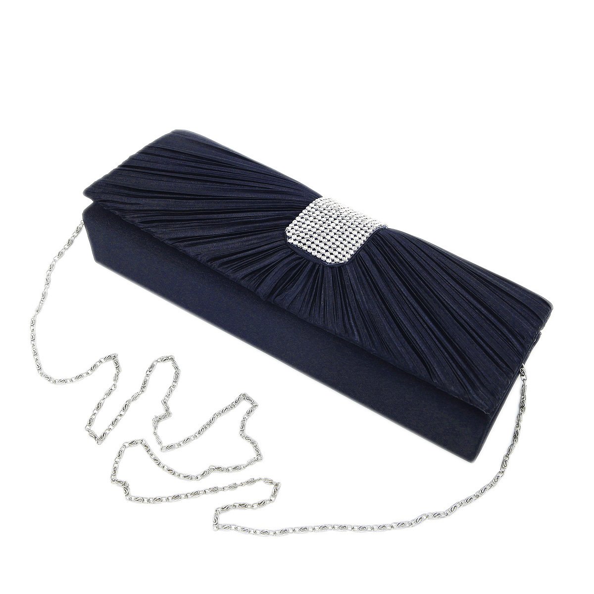 Elegant Classic Pleated Satin Flap Rhinestones Clutch Evening Bag, Silver