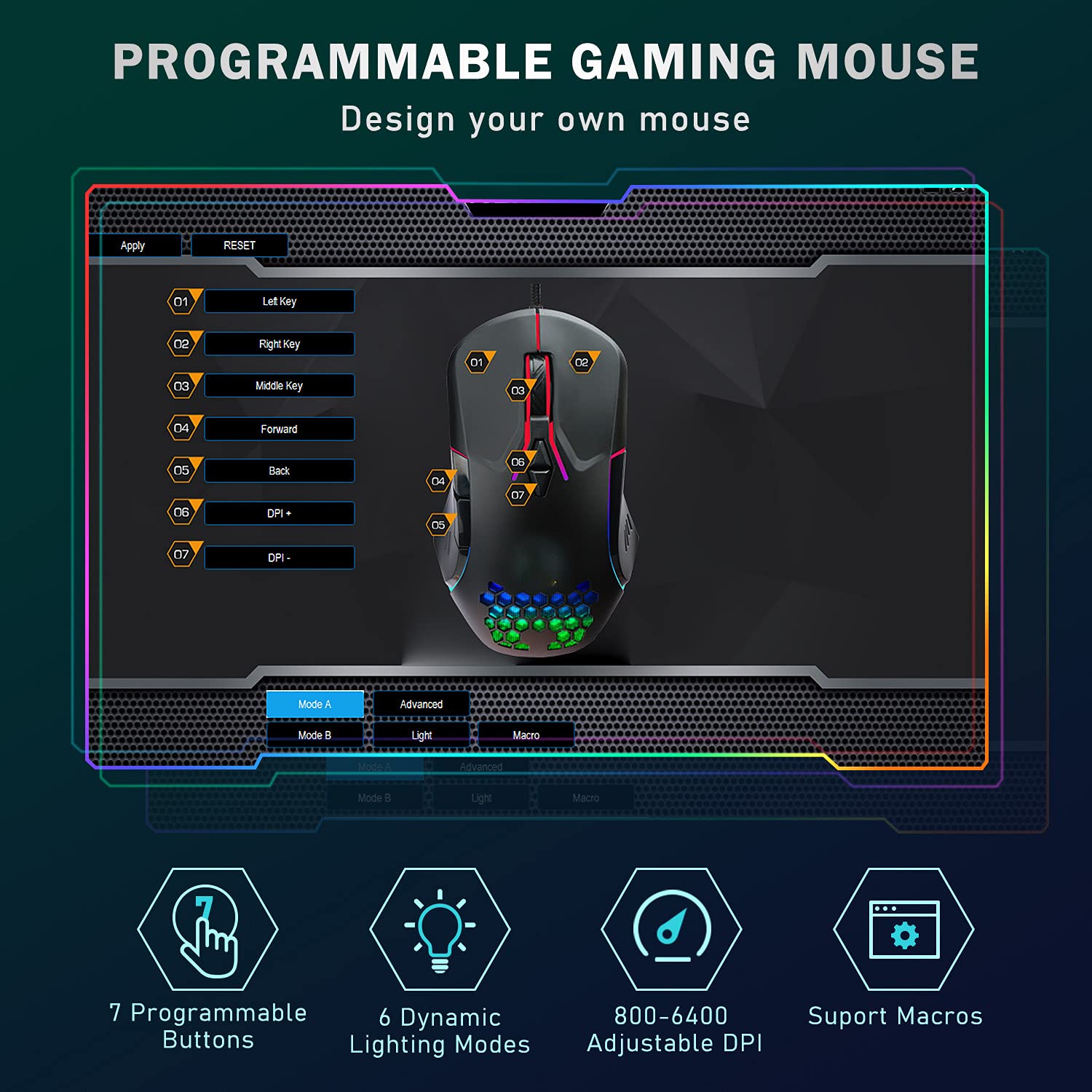 GIZORI Gaming Mouse with 7 Programmable Buttons, Mouse with Chroma RGB Backlit, 6400 DPI Adjustable Computer Mouse, USB Wired Mouse for PC, Laptop, Computer
