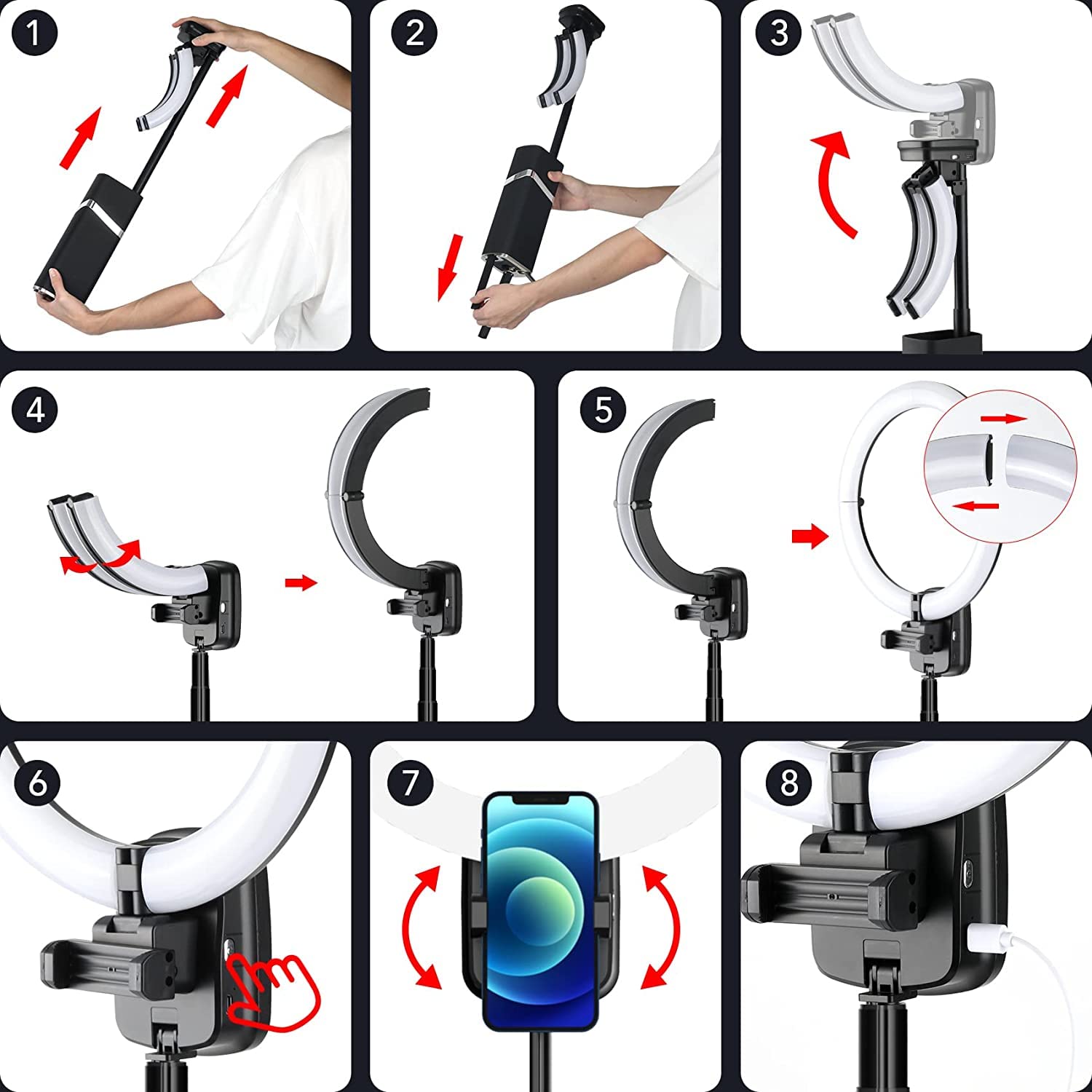 Eocean 10'' Ring Light with Rechargeable All-in-One Foldable Makeup Light, Portable Selfie Ring Light with 76'' Extendable Tripod Stand for Live Streaming, Makeup, TikTok, YouTube, Video, Black