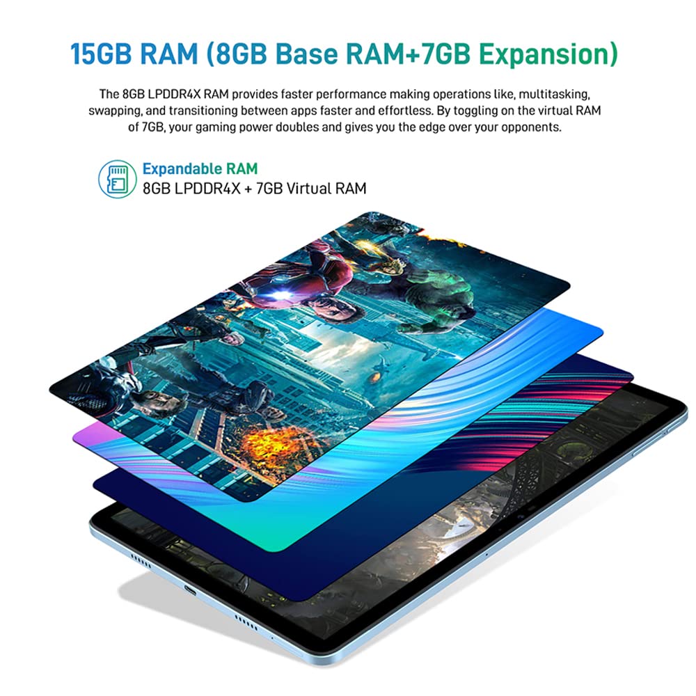 DOOGEE T20 Tablet 2023, 2K Display 10.4 Inch Android 12 Tablets, Octa-Core 15GB+256GB, 2.4G/5G Wi-Fi, 8300mAh Battery, 16MP+8MP, Split Screen, GPS, OTG, Hi-Res Audio&TÜV Rheinland Certified, Blue