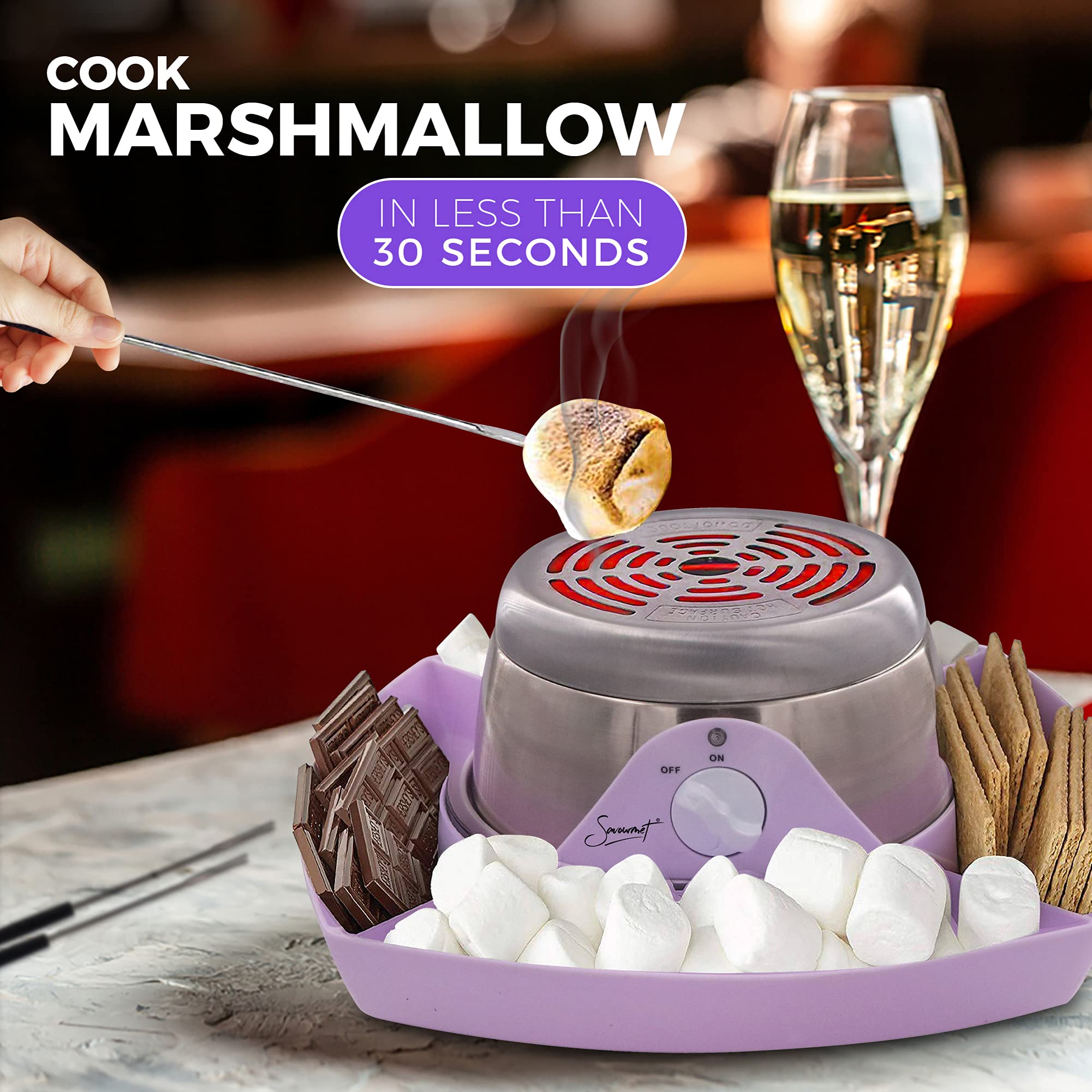 Flame less Smores Maker, Electric Stainless Steel Smores Maker Tabletop Indoor with 4 Roasting Forks and 4 Compartment Trays for Chocolate, Marshmallows and Graham Crackers