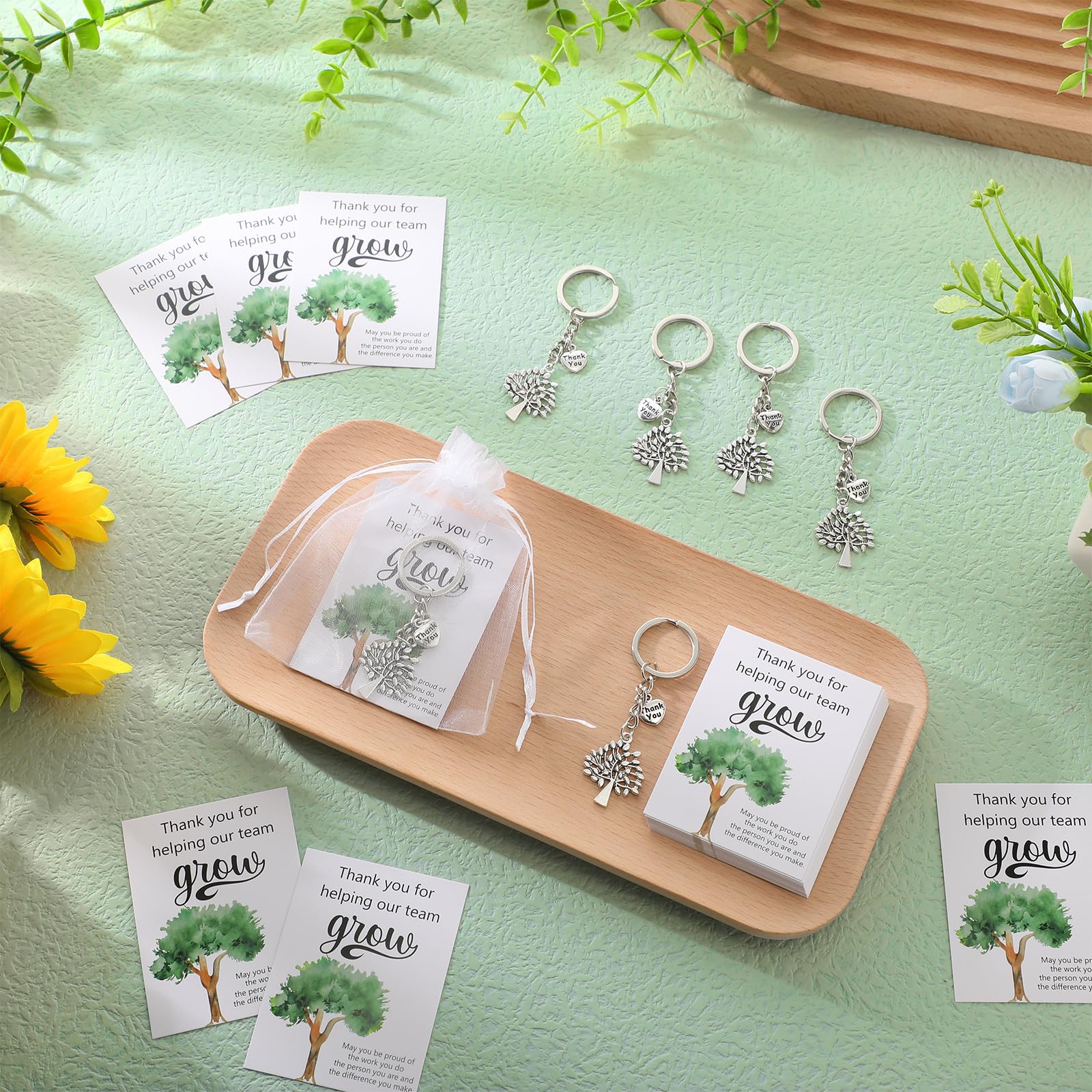 Landical 50 Sets Team Appreciation Gifts Tree Keychains Thank You Card Organza Bag Good Luck Keychain for Employee Coworker