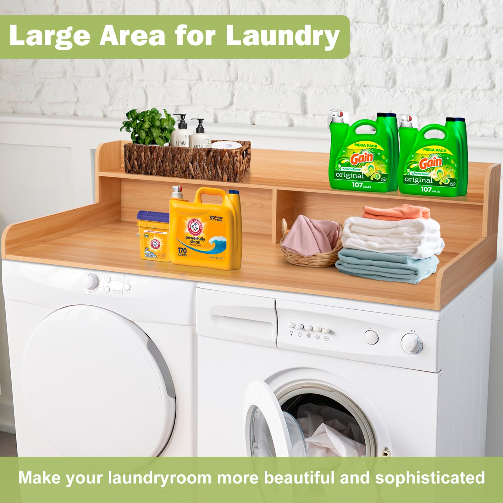 Homeny Laundry Machine Countertop, Washer Dryer Topper Table Solid Wood, Laundry Washing Machine Countertop with 2-Tier Shelf for Storage Laundry Room Organization