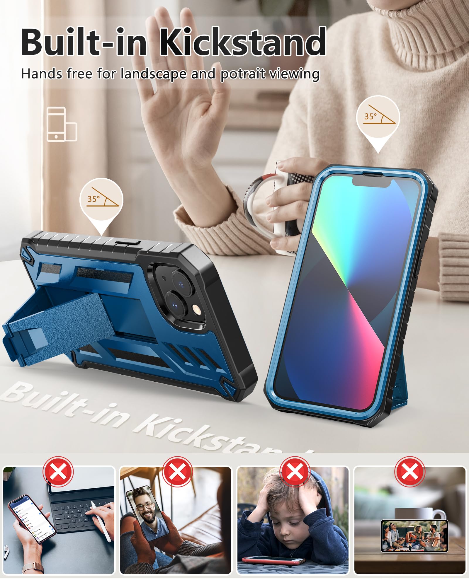 for iPhone 13 Case Protective Cover: iPhone 14 case Heavy Duty Military Grade Hard Protection Shock Proof Grip | Durable Dual-Layer Design iPhone 13-14 Phone Case with Built-in Kickstand Blue
