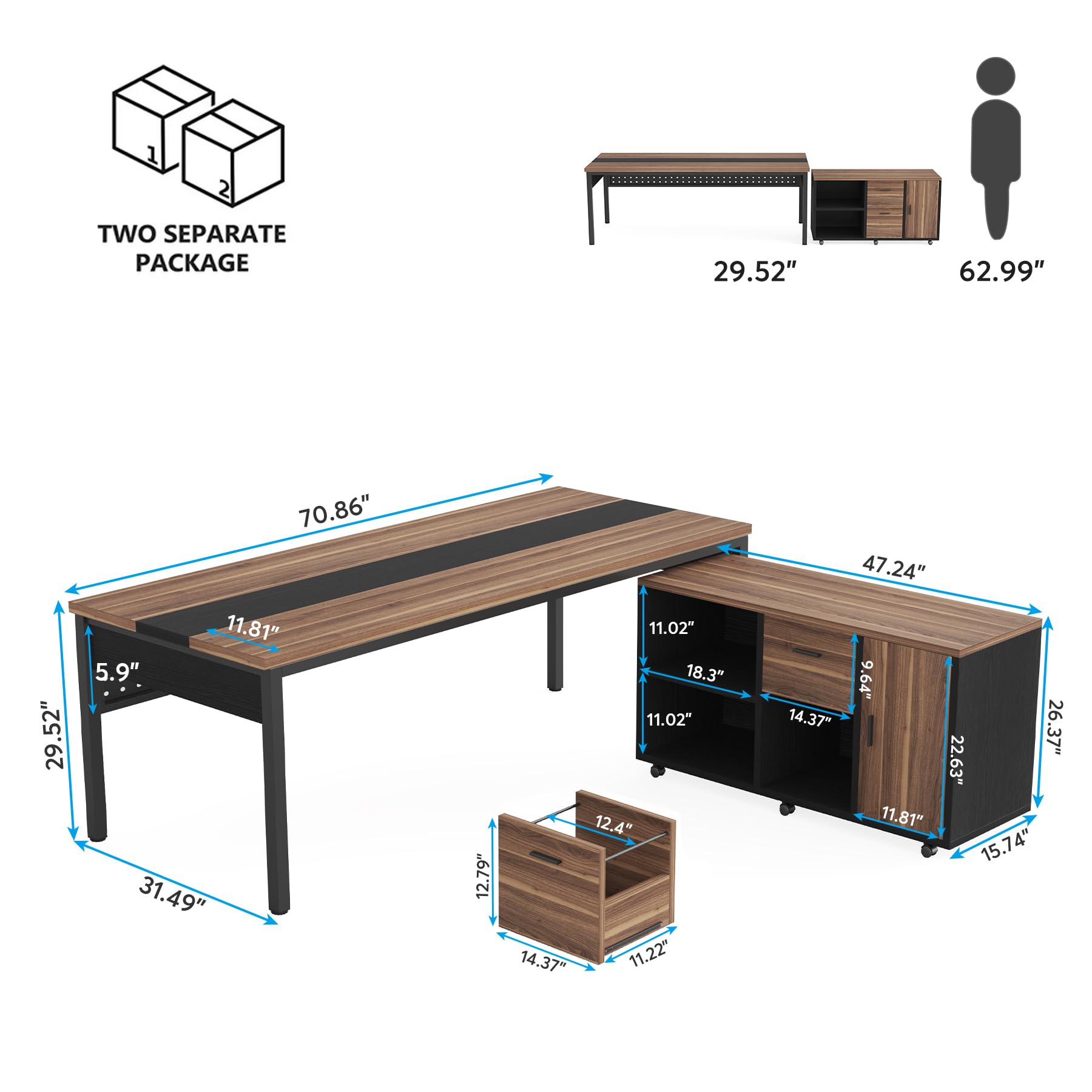 LITTLE TREE 70.8" Executive Desk with Lateral File Cabinet, Modern Thickened Wooden Workstation L-Shaped Computer Desk Large Home Office Writing Desk for Home Office