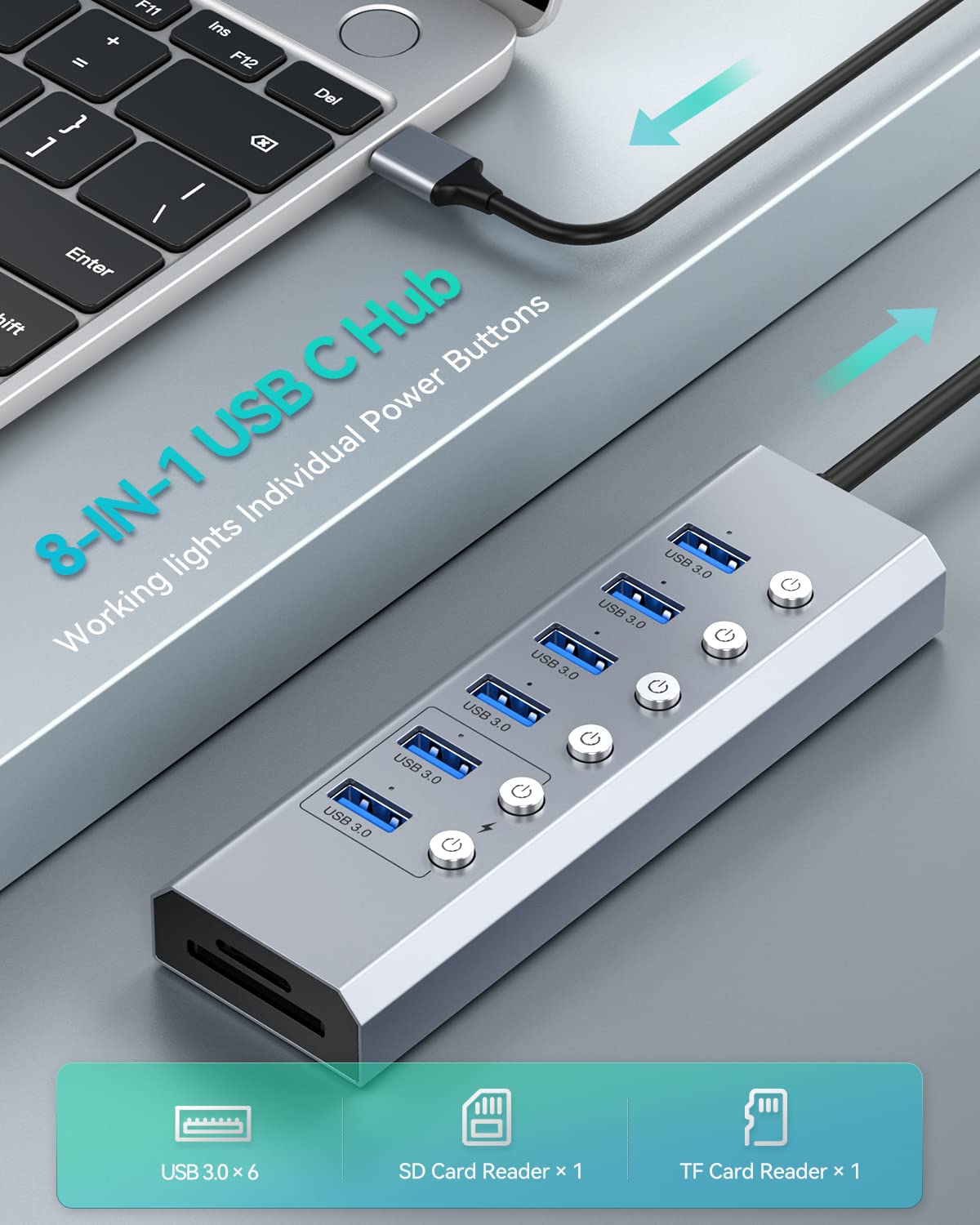 Powered USB 3.0 Hub, Elecife 8-Port Powered USB Hub, Aluminum USB Splitter with 6 USB 3.0 Data Ports, SD/TF Card Readers, Individual On/Off Power Switches and 5V/3A Power Adapter (42 inch)