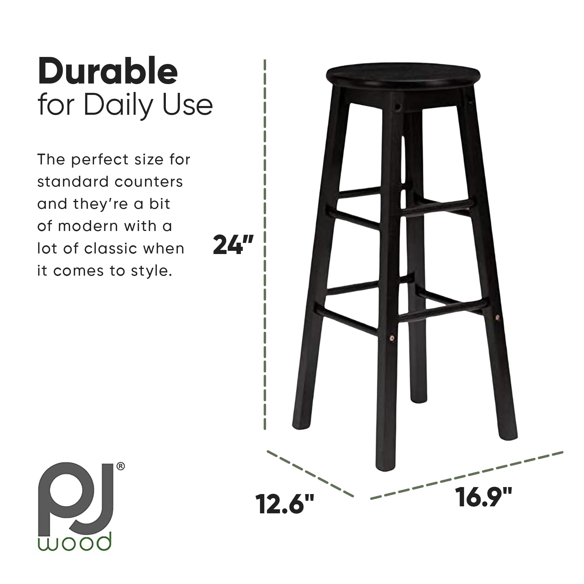 PJ Wood Classic Round Seat 24 Inch Tall Kitchen Counter Stools for Homes, Dining Spaces, and Bars with Backless Seats, Square Legs, Black, Set of 2