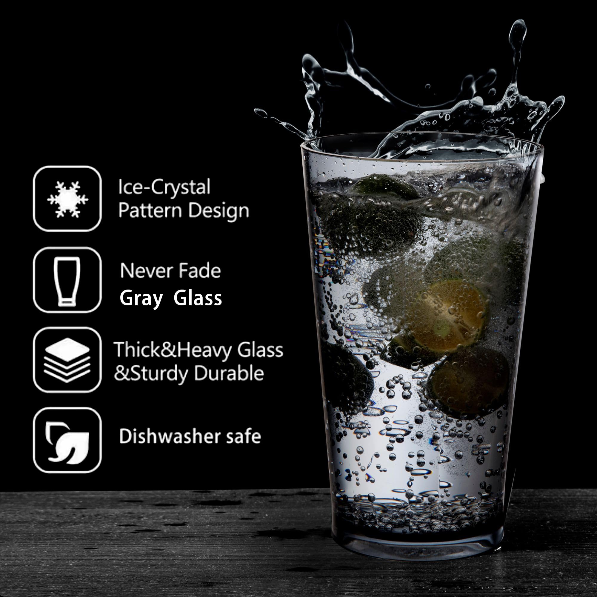 JGIRL Unbreakable Plastic Drinking Glasses, Set of 6, Shatterproof Drinking Cups, Plastic glass cup,16 oz plastic Tumbler Cups,Dishwasher Safe (Grey)