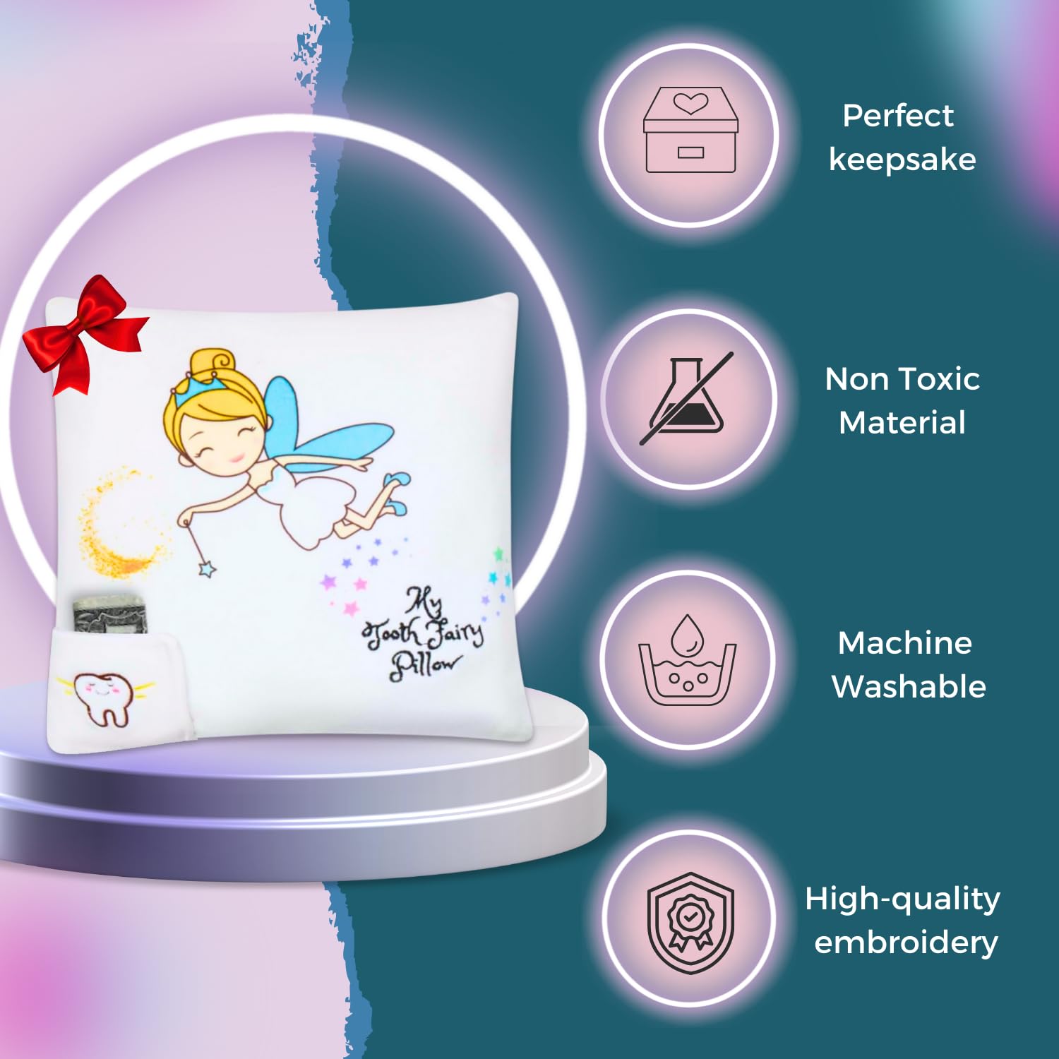 Liv & Oak Tooth Fairy Pillow - Large 10β x 10β Plush Pillow W/3β x 3β Embroidered Pocket for Lost Teeth - Fairy Design, Non-Toxic 100% Polyester - Perfect Keepsake Gift for Boys & Girls