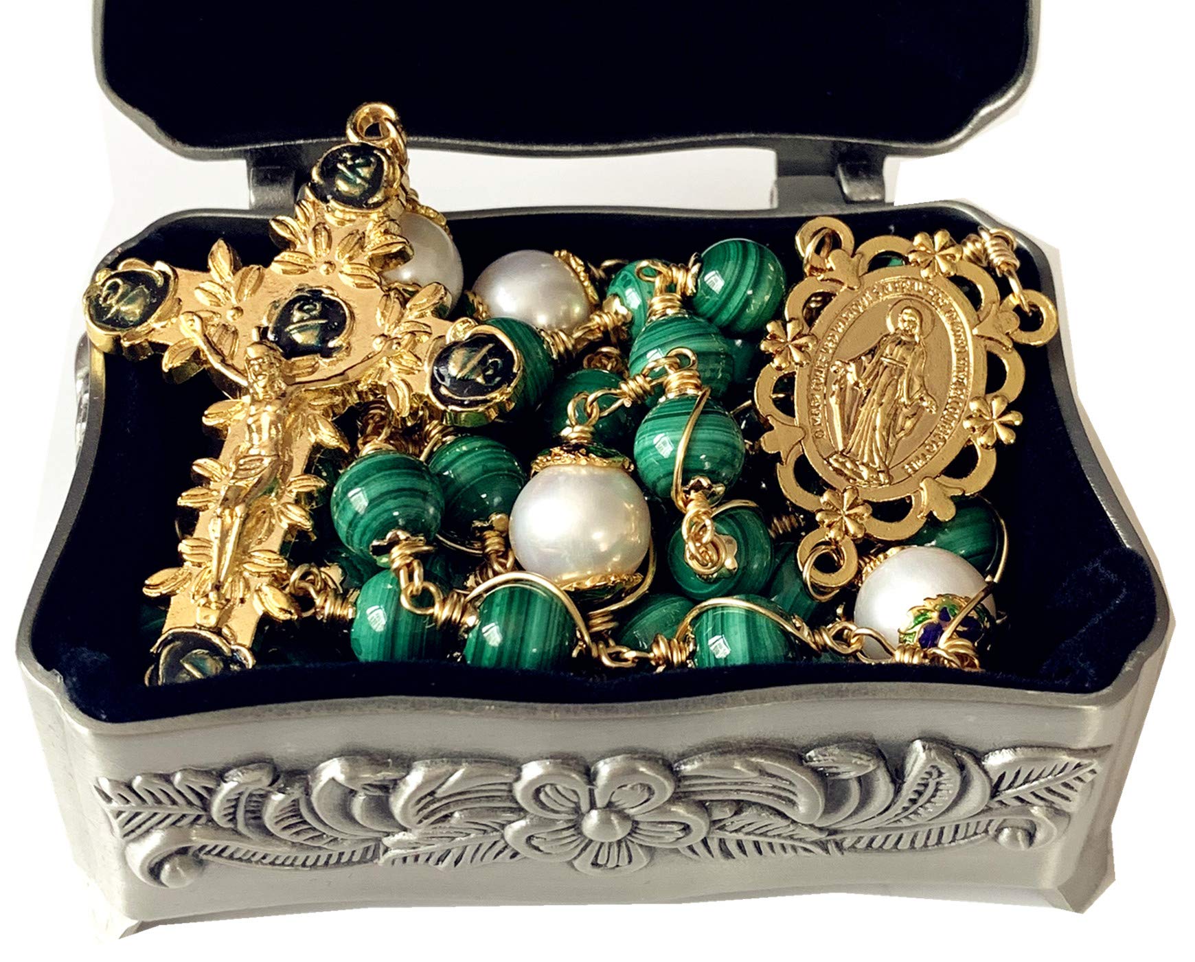 elegantmedical Handmade Gold Wire Wrapped UNDOUBTED Malachite &11-12mm Real Pearl Beads Rosary Cross/Crucifix Necklace Box Catholic Womens Gift